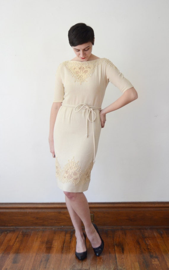 Embroidered 1950s Tan Linen Dress - S - Gem
