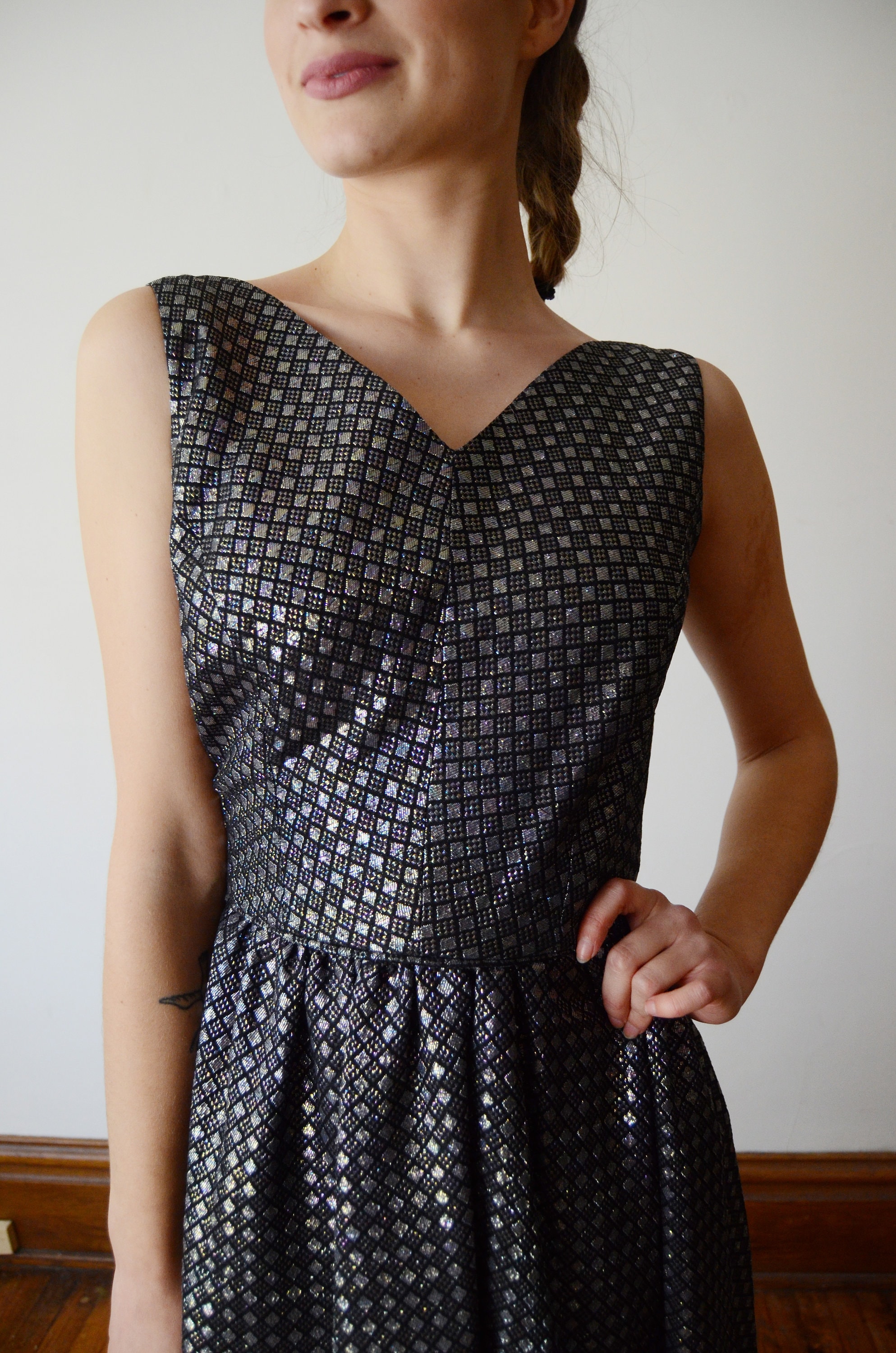 1960s Black and Silver Metallic Party Dress - S