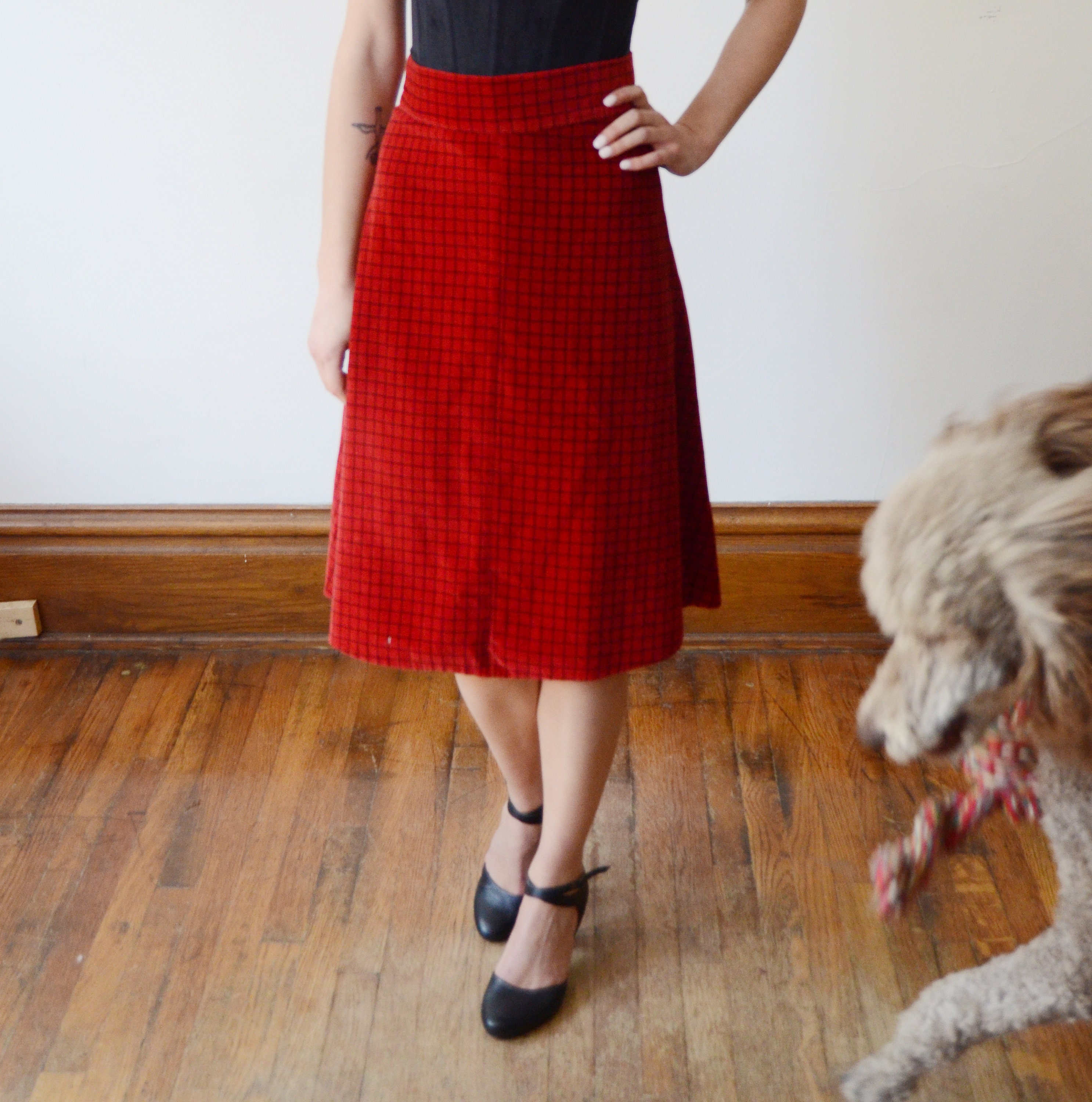 1940s Red Check Velvet Skirt - XS