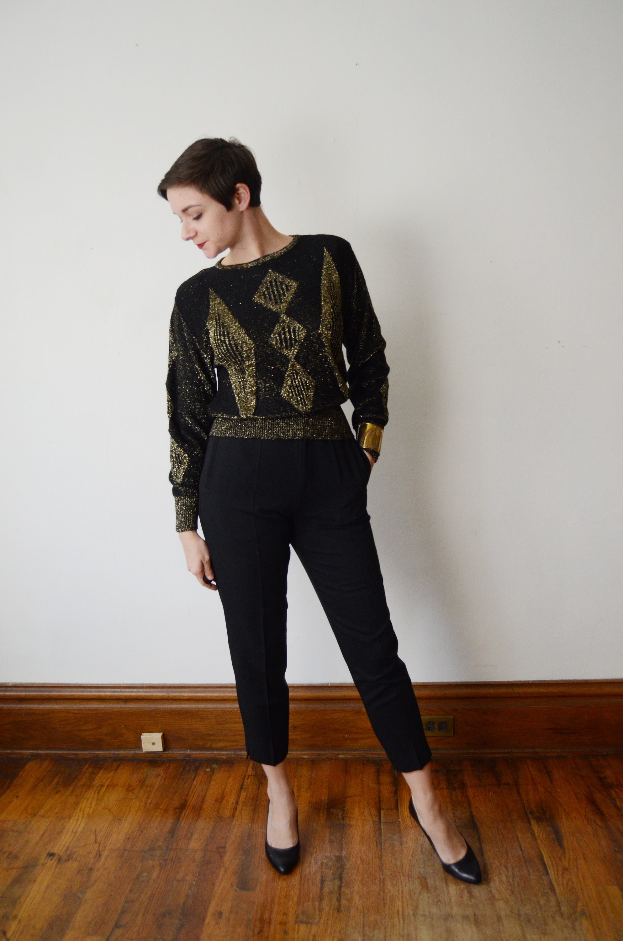 1980s Black and Gold Metallic Sweater - S/M