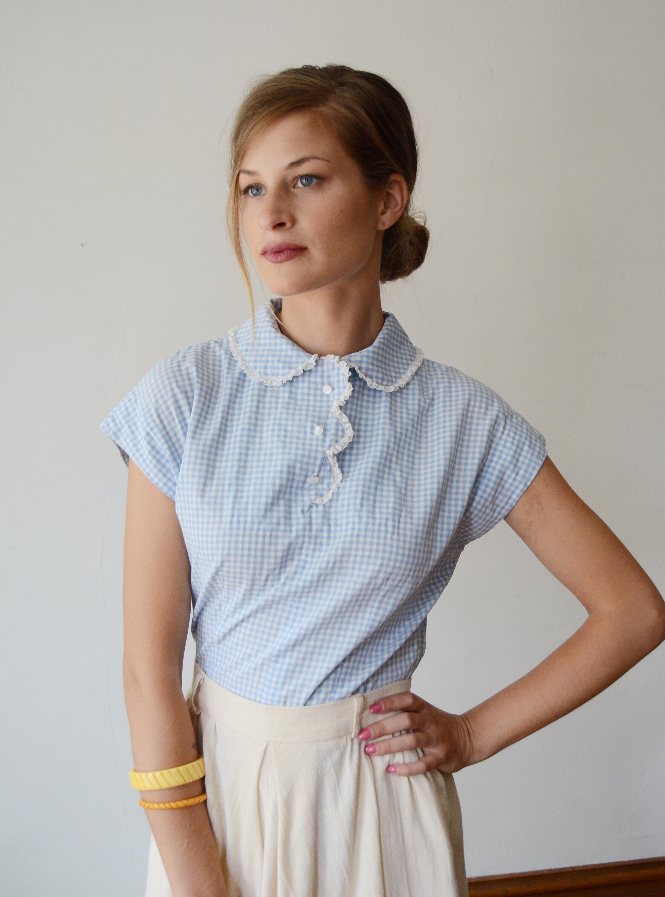 1950s Blue Gingham Blouse - S