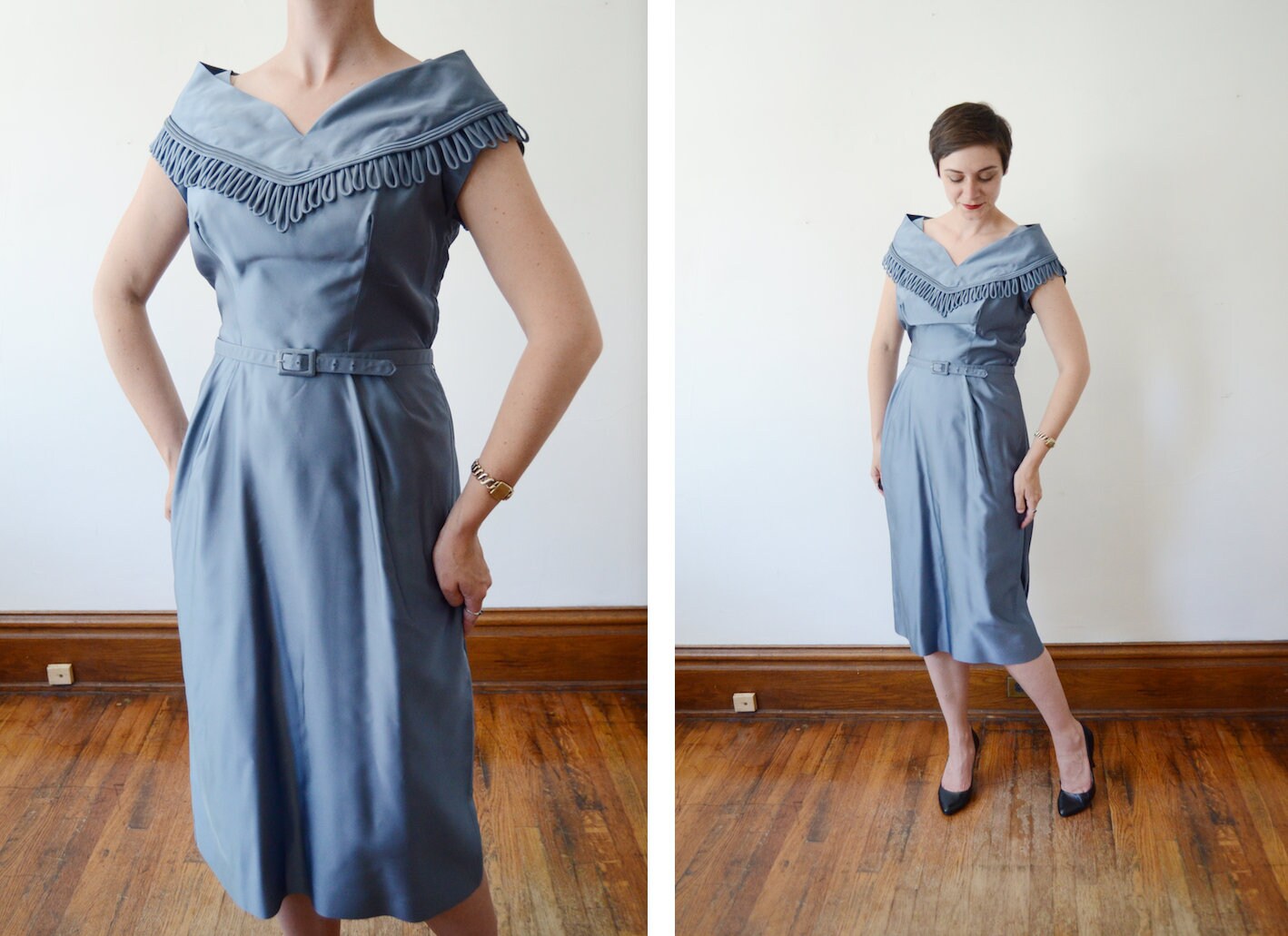 1950s Powder Blue Formal Dress with Train - M