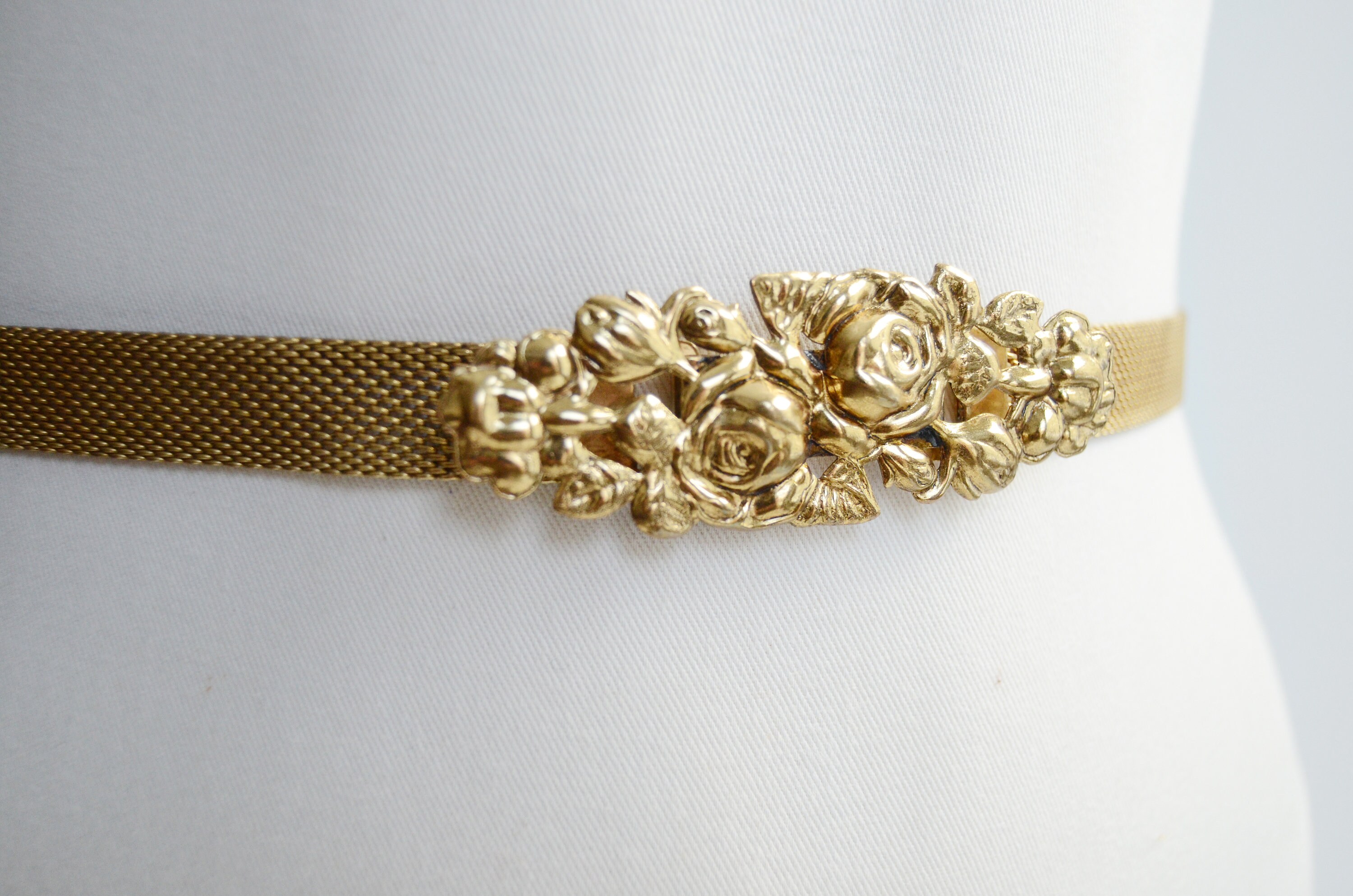 Gold Metal Mesh Belt with Rose Buckle