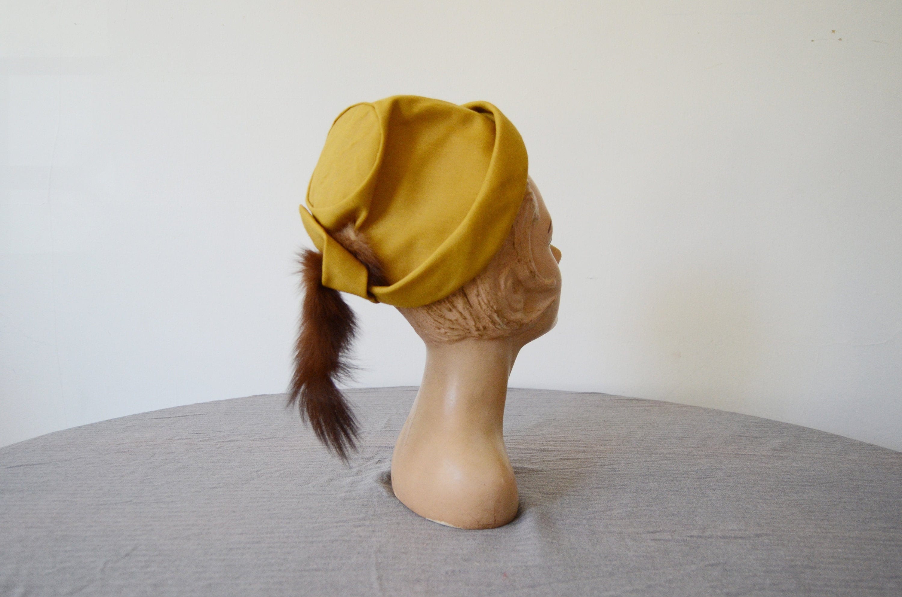 1940s Mustard Hat with Fur Tail