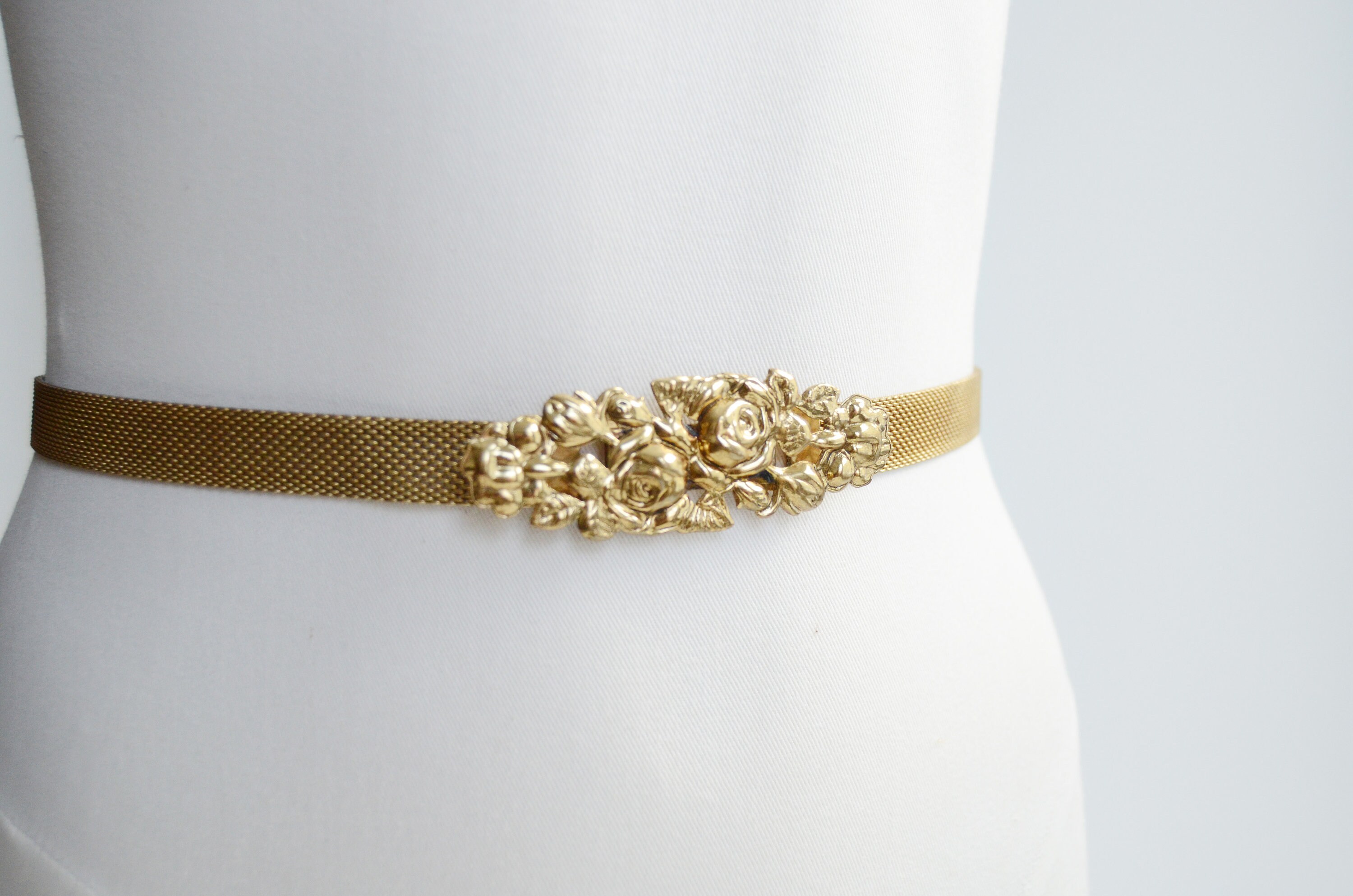 Gold Metal Mesh Belt with Rose Buckle