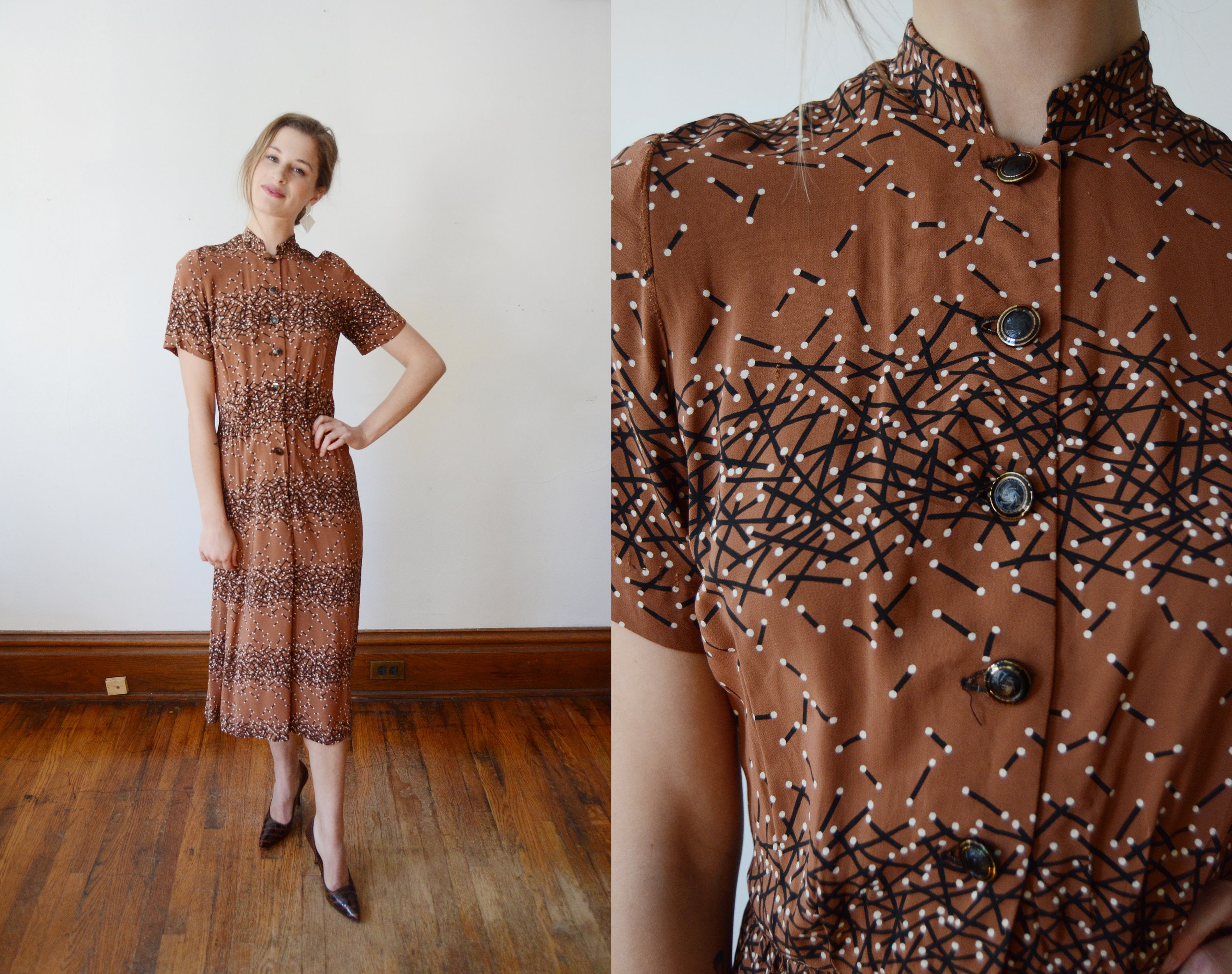 1940s Printed Rayon Dress - S