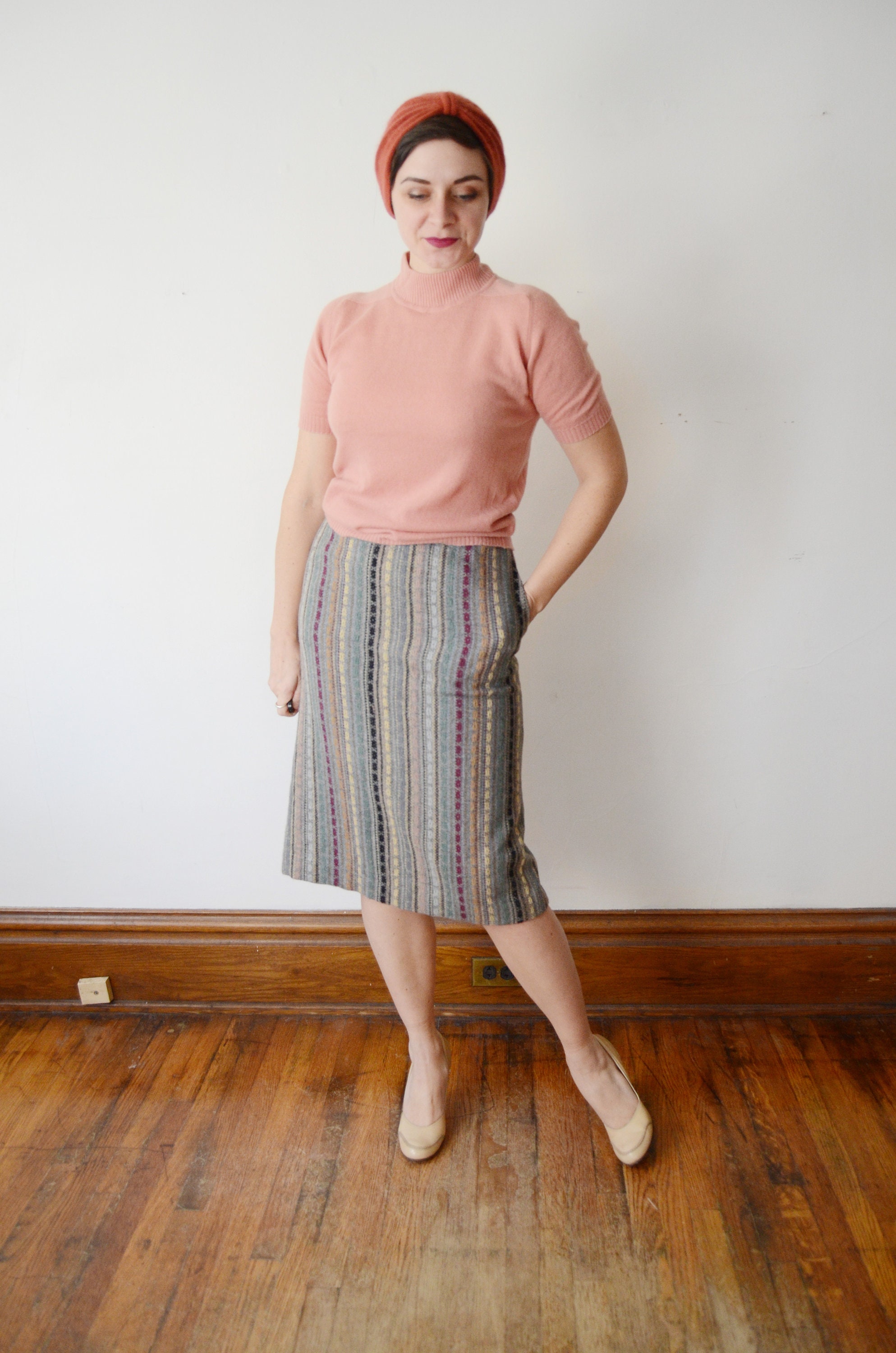 1970s Textured Grey Pencil Skirt - S