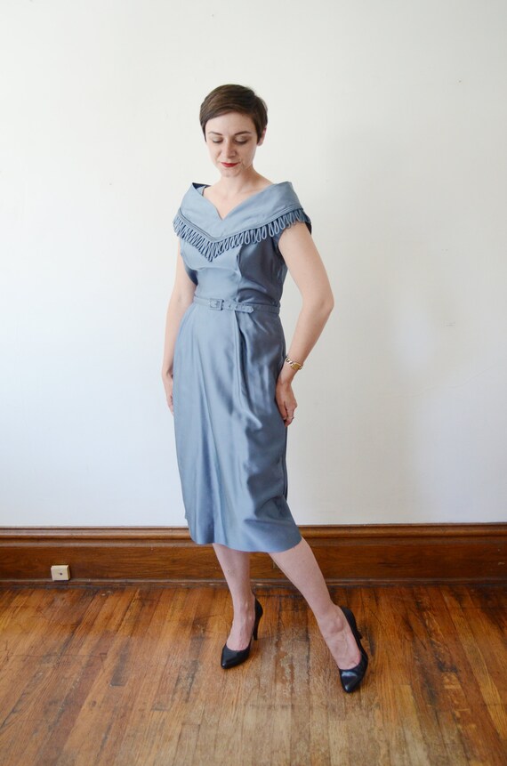 1950s Powder Blue Formal Dress with Train - M - Gem