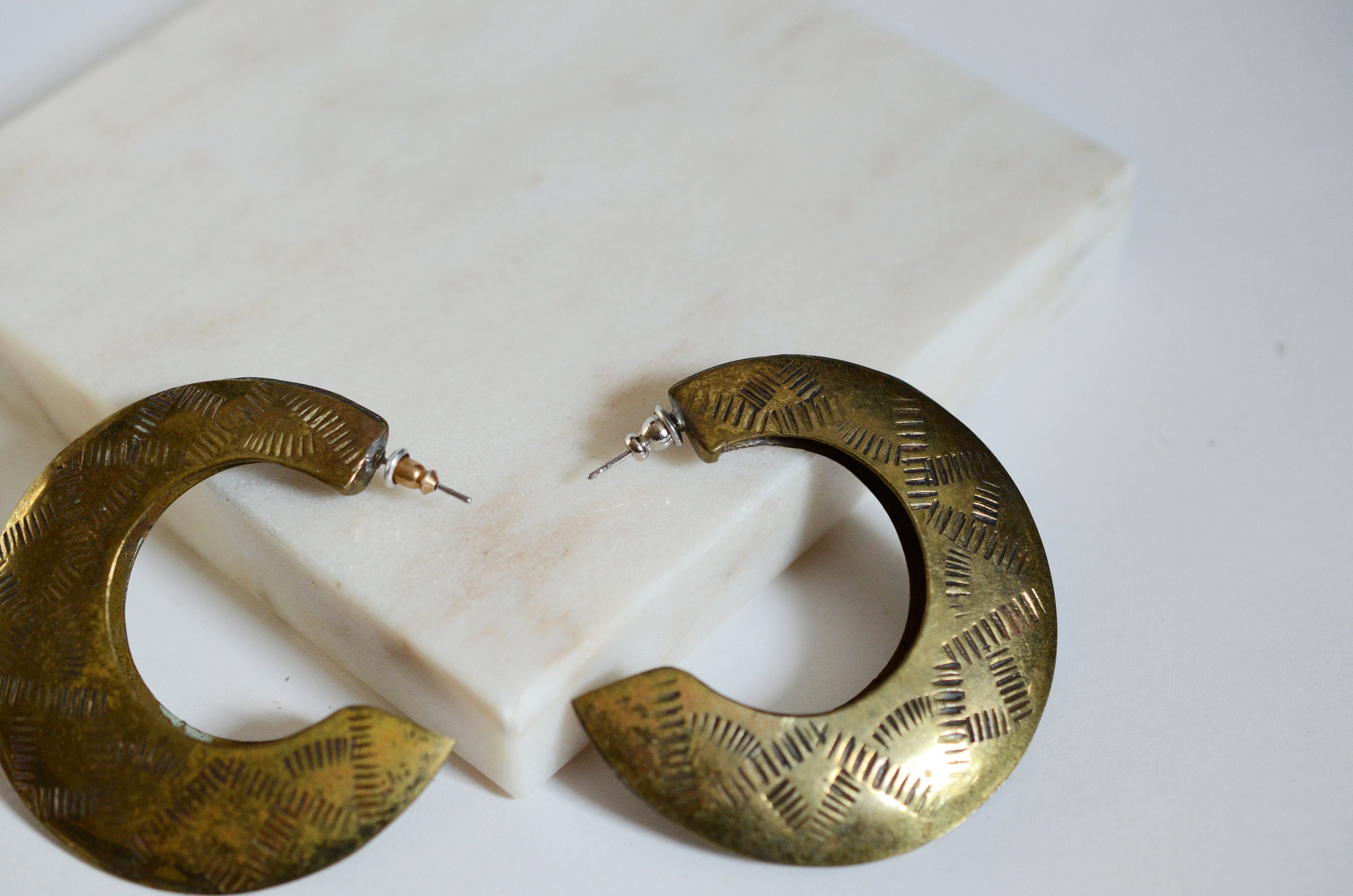 1980s Hammered Brass Hoops
