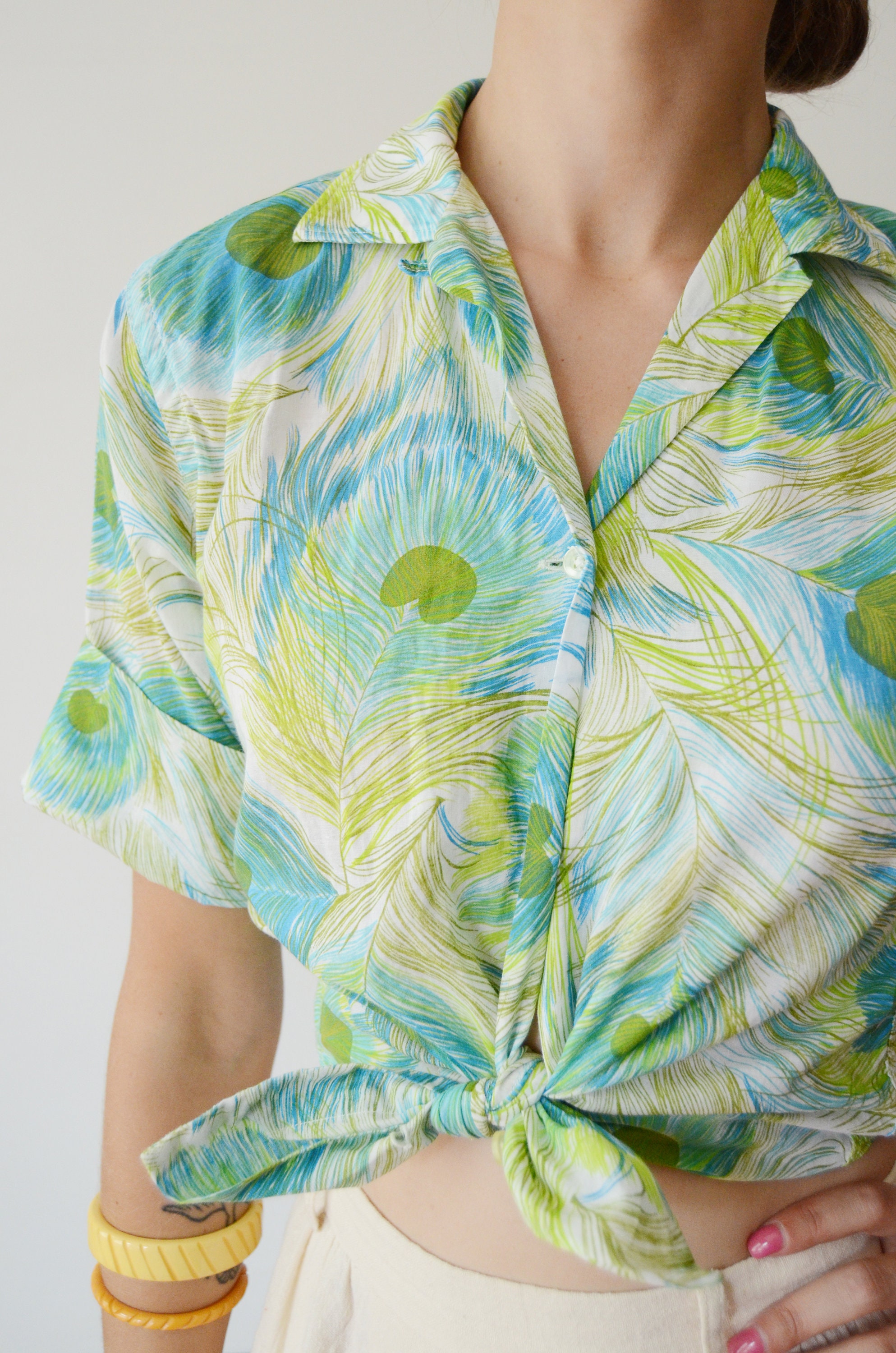 Cotton 50s/60s Peacock Feather Blouse -XS