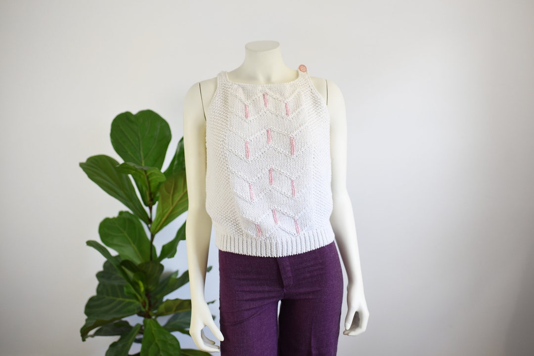 80s White and Pink Knit Tank - S - Etsy