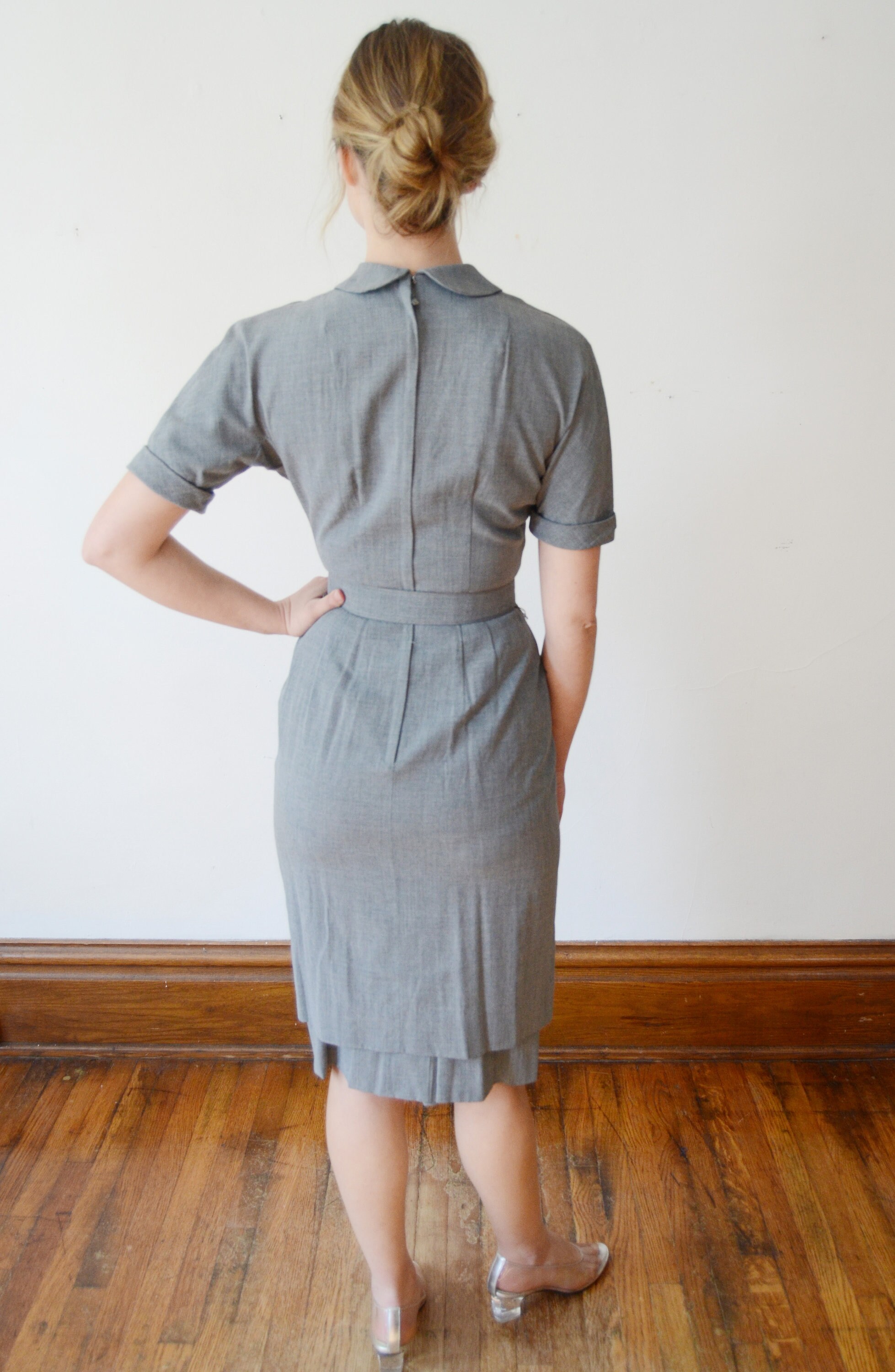 Pat Hartly 50s Grey Fitted Dress Xs