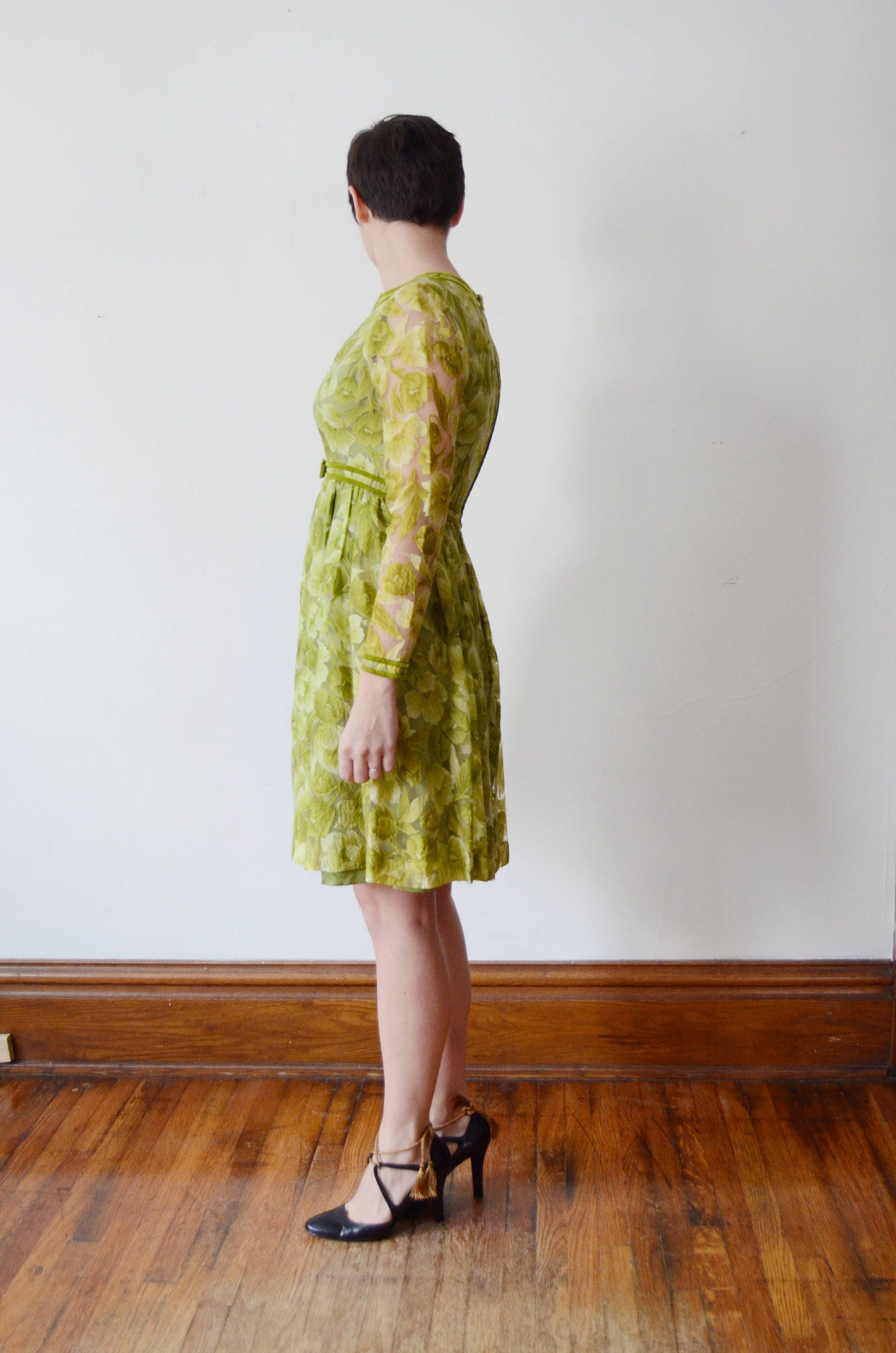 Late 60s Green Floral Mini Dress - S/M