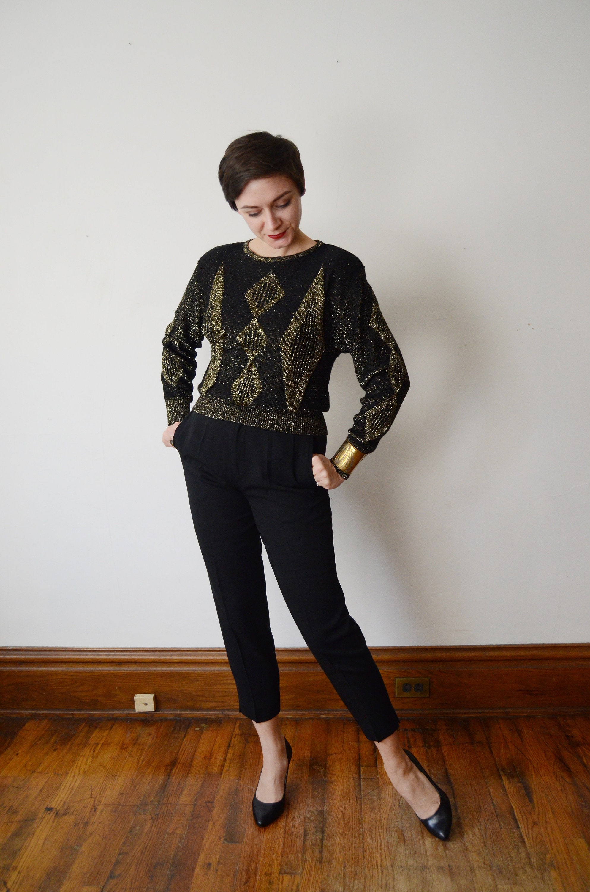 1980s Black and Gold Metallic Sweater - S/M