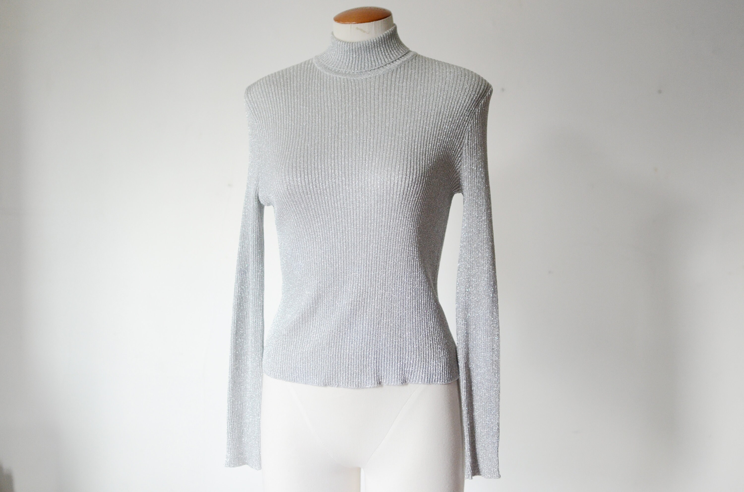1970s Silver Metallic Turtleneck - M