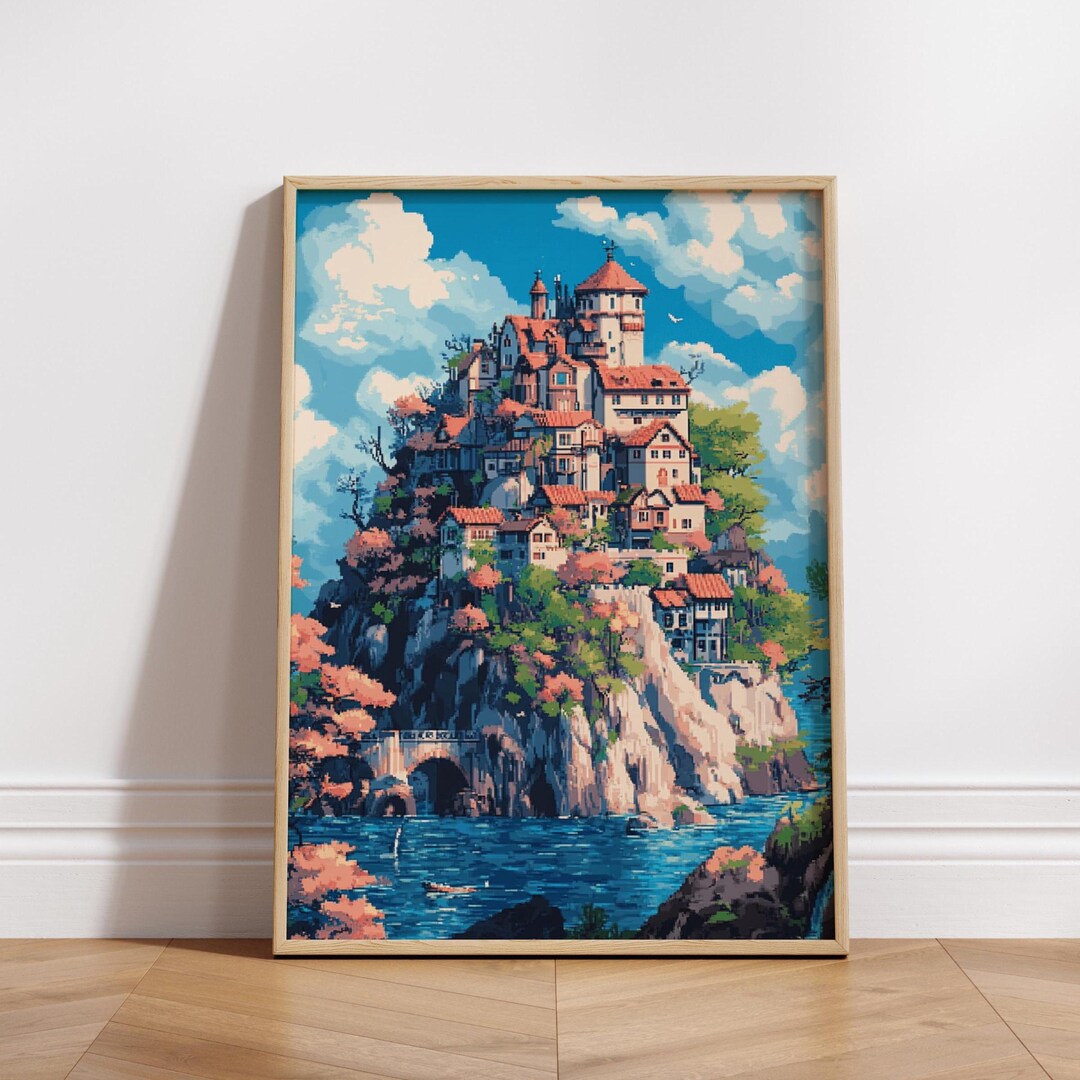Fantasy Cliffside Village Pixel Art Poster, Castle Town Wall Art, Retro ...