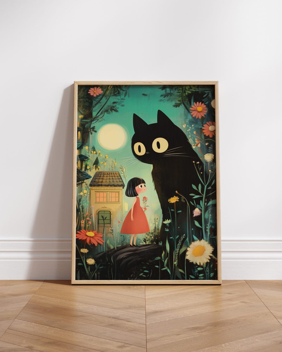 Whimsical Cat and Girl Poster | Bedroom Decor | Digital Download | Gift ...