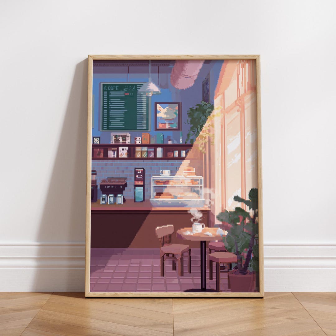 Cozy Cafe Pixel Art Poster, Coffee Shop Wall Art, Retro Pixel Interior ...
