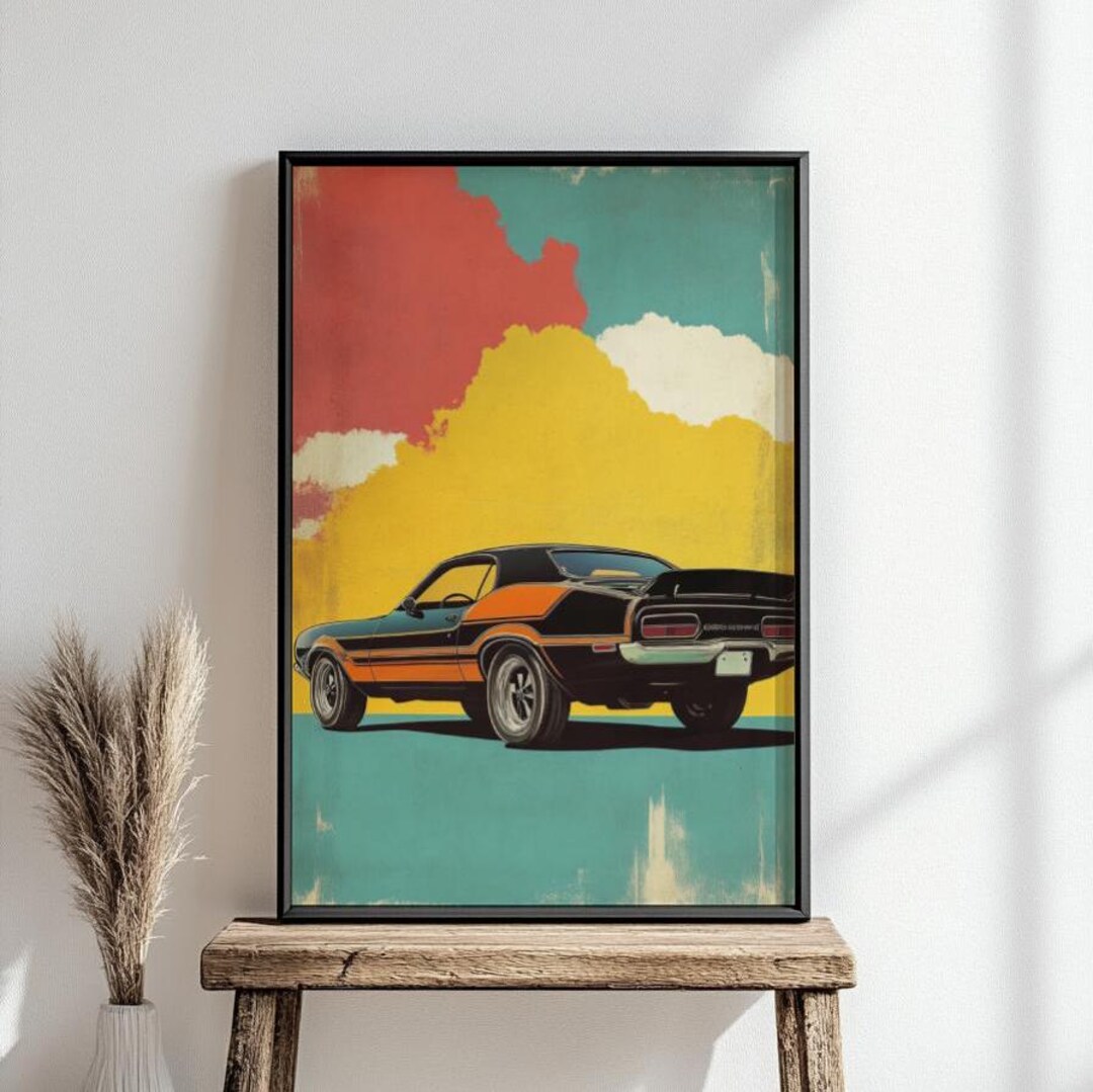 Retro Chevy Camaro Car Art Poster, Vintage Automobile Wall Decor, Mid ...