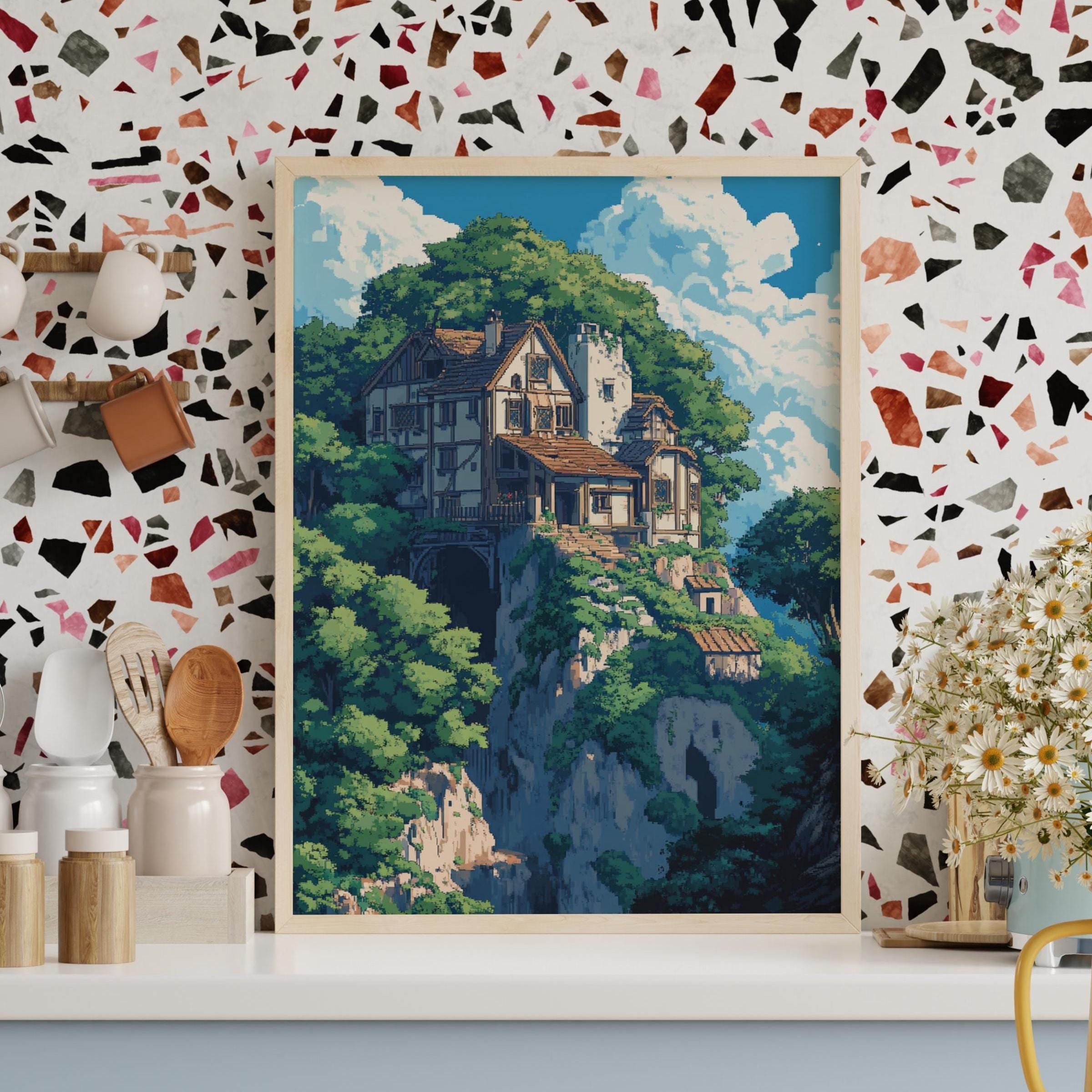 Pixel Art Cliffside House Poster, Fantasy House Wall Art, 8 Bit ...