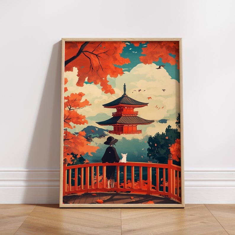 Japanese Temple Autumn Landscape Posters, Cozy Home Decor, Japanese Art ...