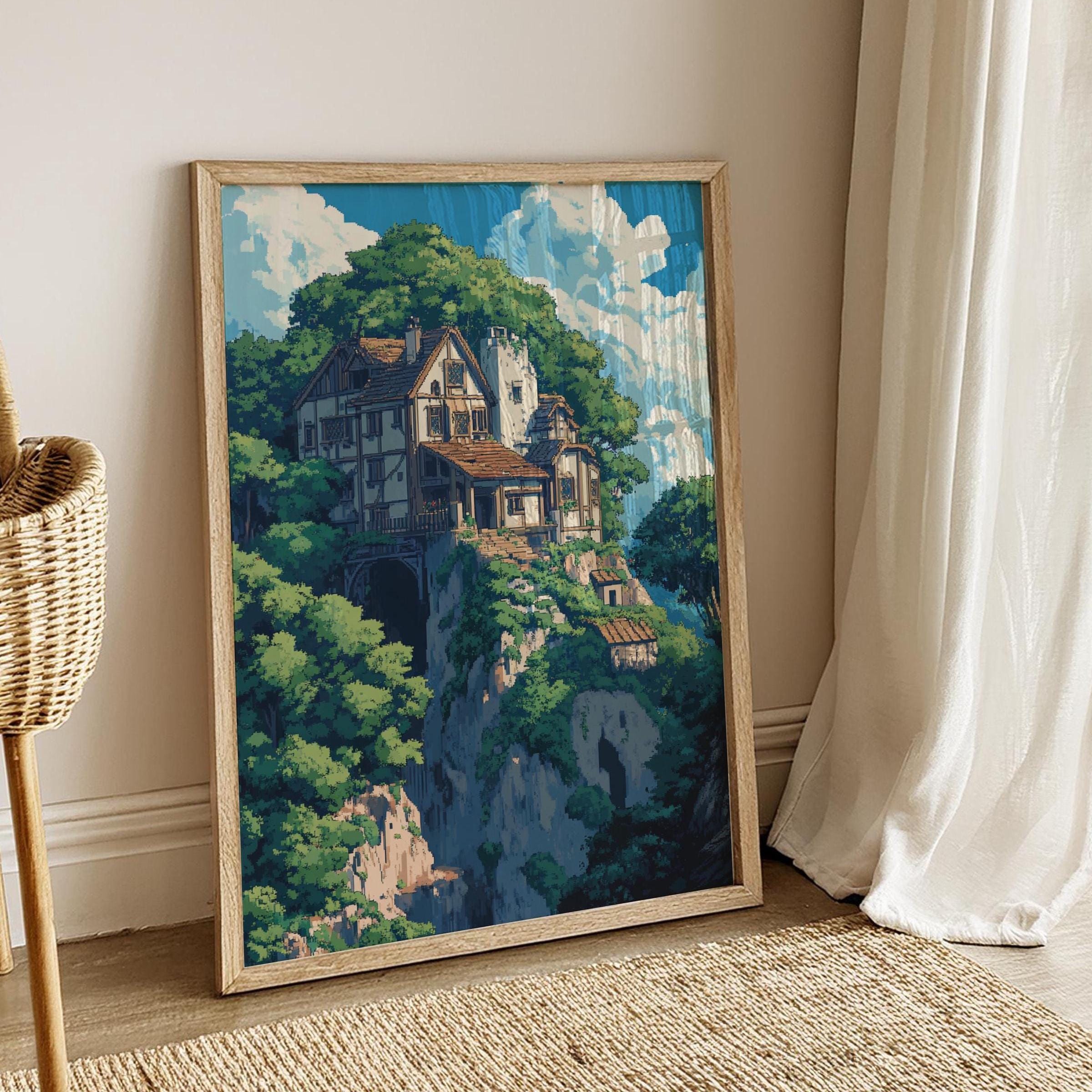 Pixel Art Cliffside House Poster, Fantasy House Wall Art, 8 Bit ...