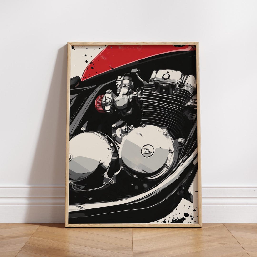 Cafe Racer Engine Poster – Detailed Motorcycle Wall Art, Red Tank Moto ...