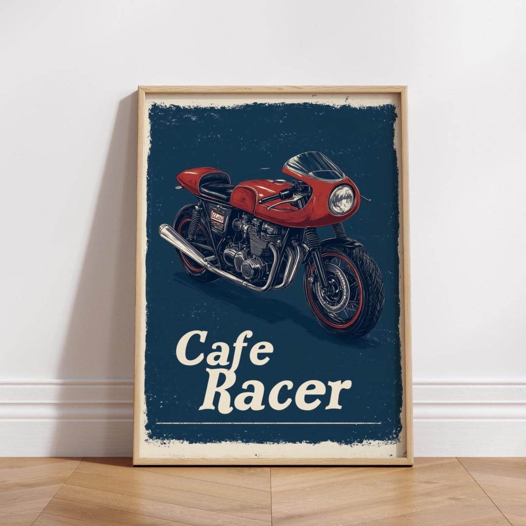 Cafe Racer Motorcycle Poster – Retro Racing Bike Wall Art, Bold Red ...
