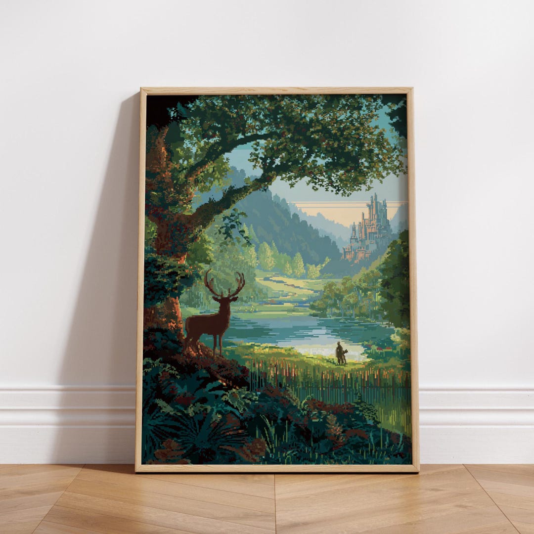 8-bit Castle Print: Retro Pixel Art Landscape With Deer - Etsy