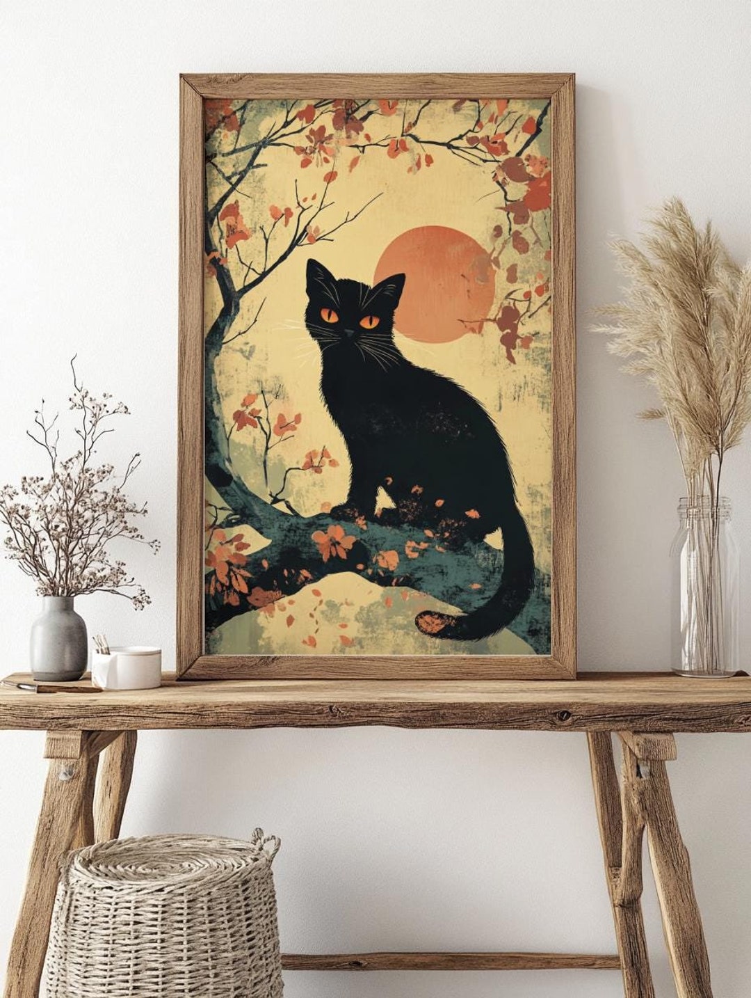 Mysterious Black Cat on Branch Poster, Wall Art Print, Halloween ...