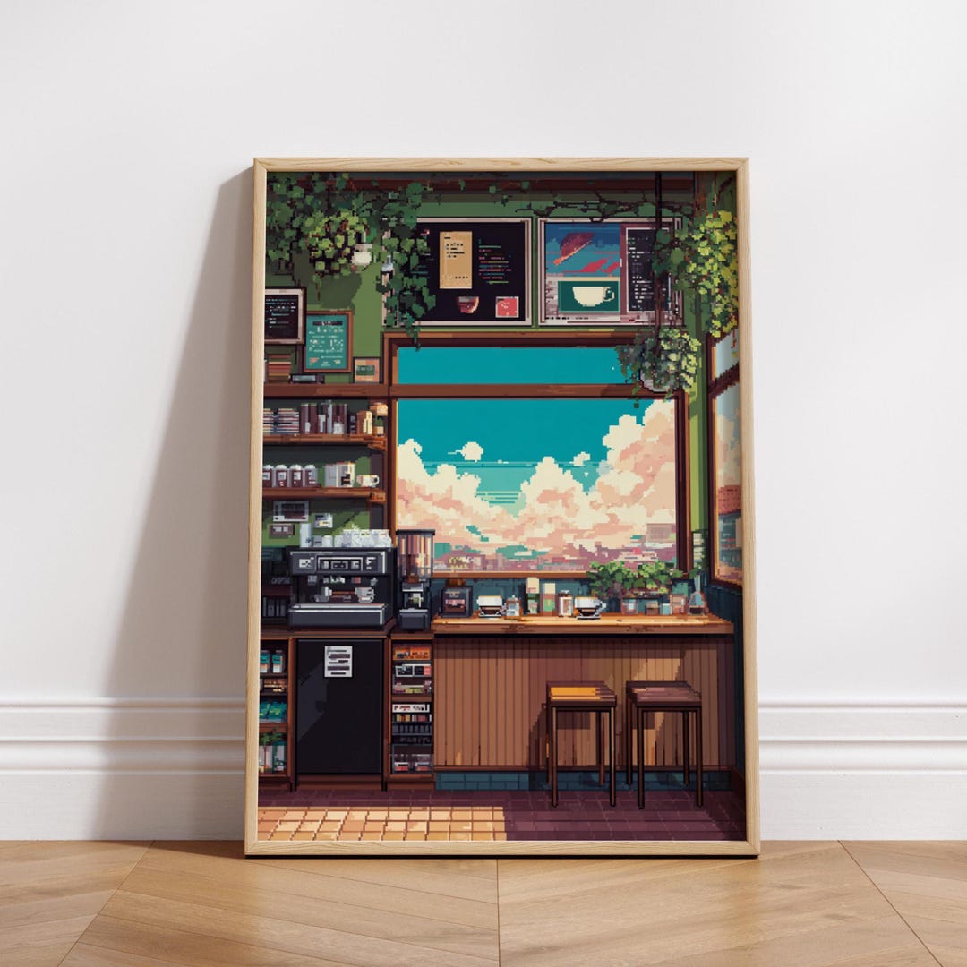 Cozy Cafe Window Pixel Art Poster, Coffee Shop Pixel Art, Retro Cafe ...