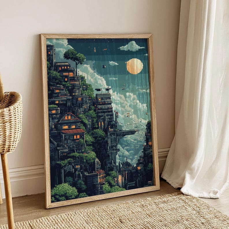 8-bit Futuristic City Poster – Pixel Art Sci-fi Wall Print, Retro Urban ...