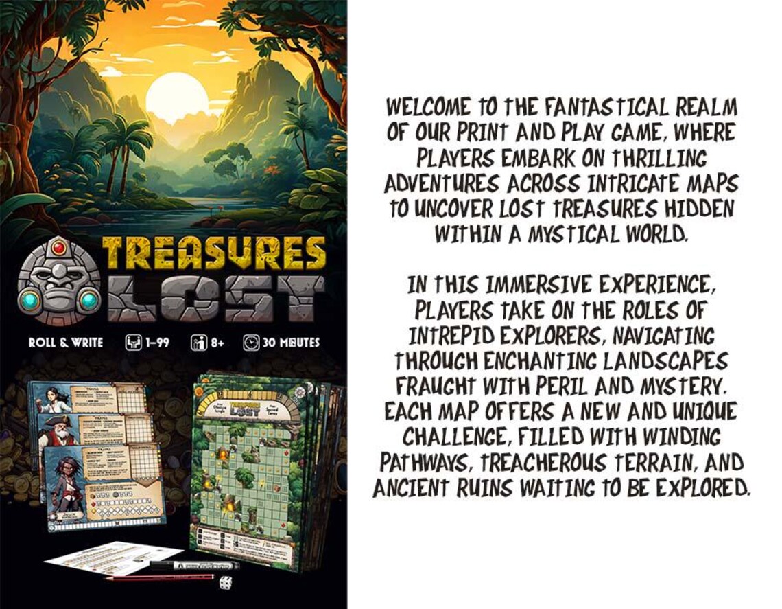Treasures Lost - Fantasy Adventure Printable Roll and Write Boardgame ...