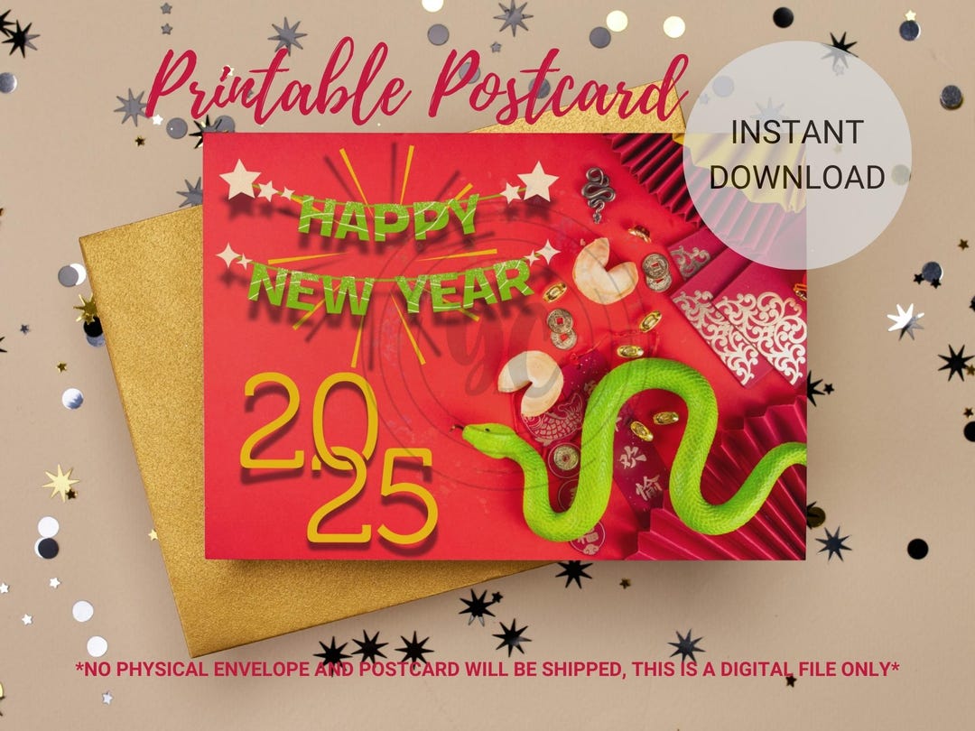 PRINTABLE POSTCARD 2025 New Year Card Year of the Snake Digital 5x7 ...