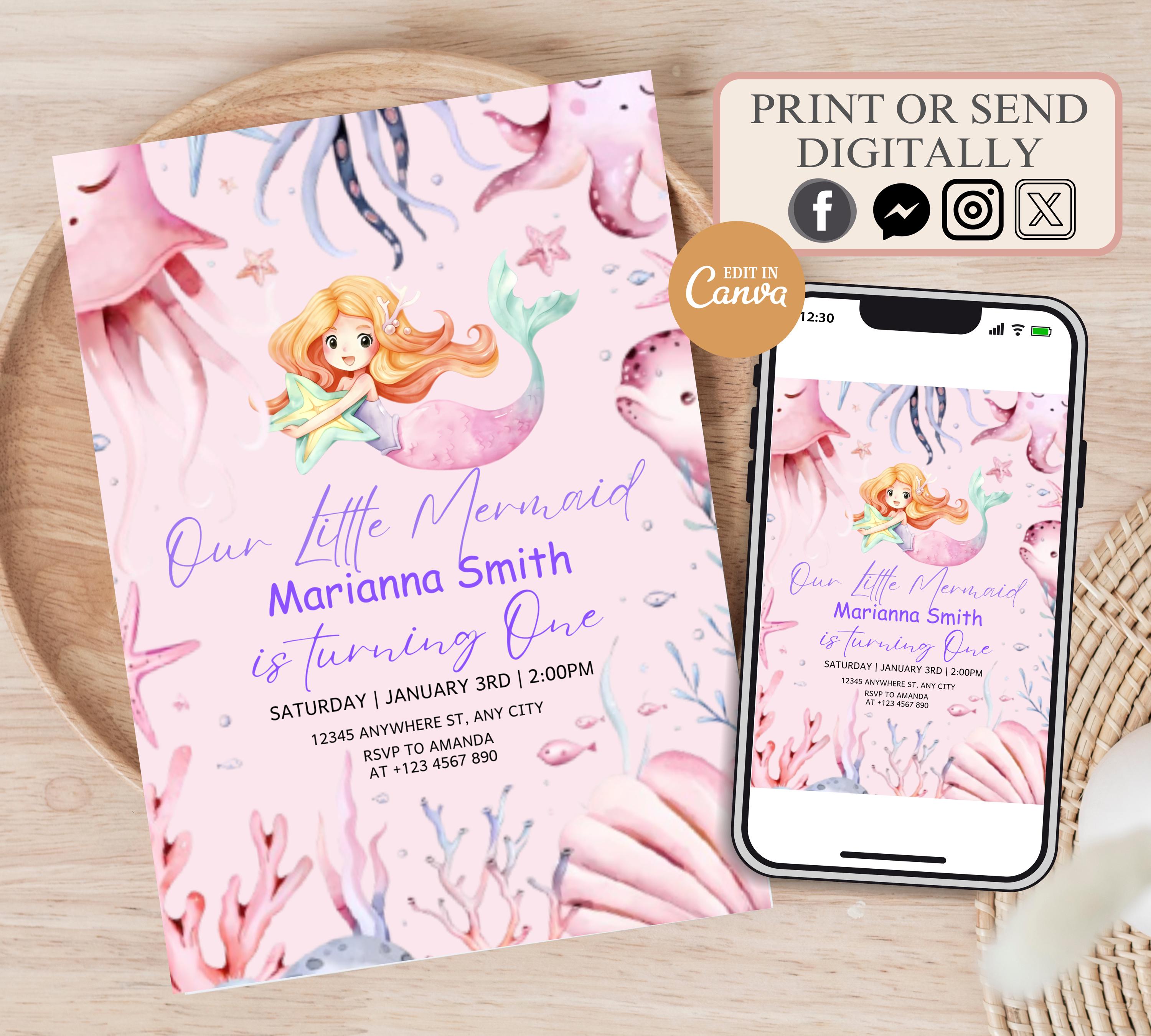 Editable Mermaid Birthday Invitation: Under the Sea Party (digital ...