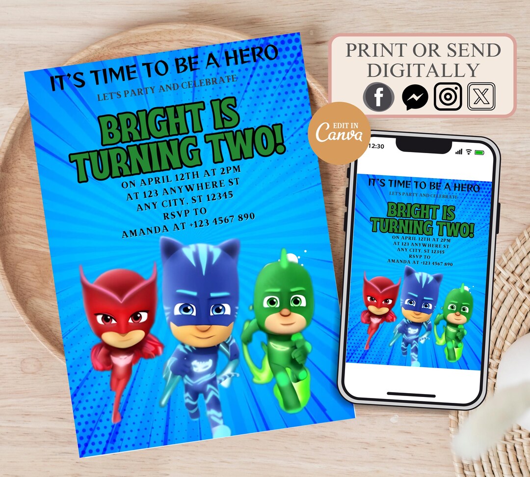 PJM Birthday Party Invitation Template, Kids Digital Invitation, Pj ...