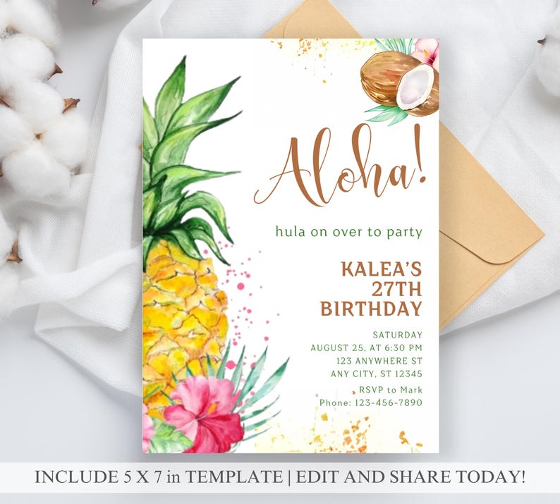 Aloha Birthday Invitation, Luau Birthday Invites, Hula on Over ...