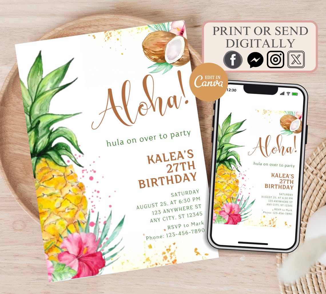 Aloha Birthday Invitation, Luau Birthday Invites, Hula on Over ...