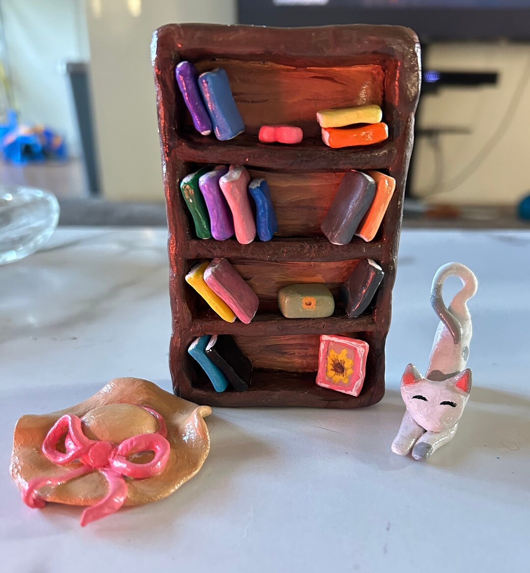 Clay Bookshelf Sculpture Set, Including Books, Shelf Accessories, and ...