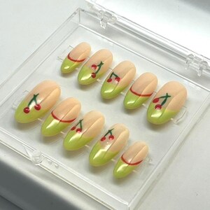 Light Green French Tip + Cherry Design Nail Set | Bright Nails Cute ...