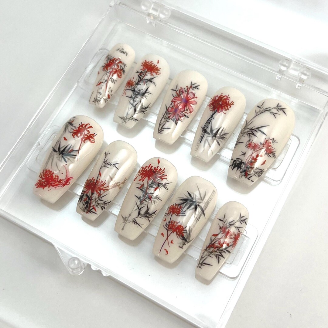 Red Spider Lily Bamboo Press on Nail Set: Handmade Floral Nails, Silent ...