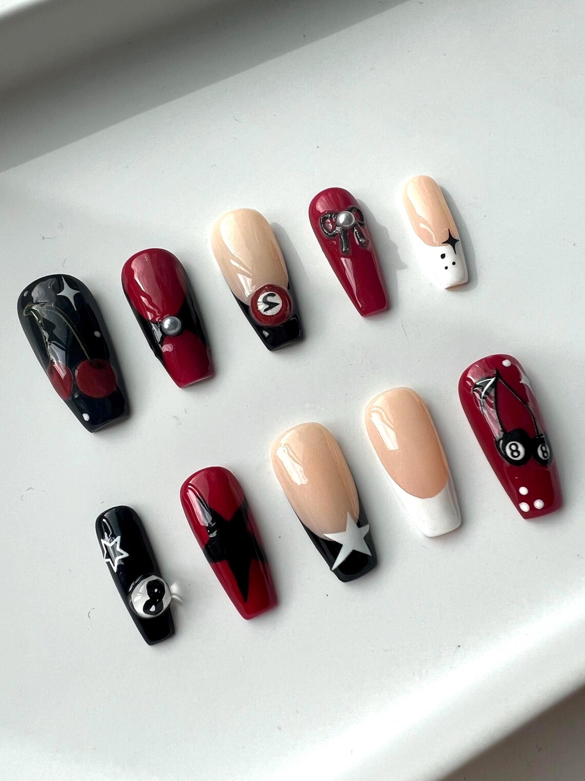 Billiards and Cherries 24pc Nail Set All Sizes Included Reusable ...