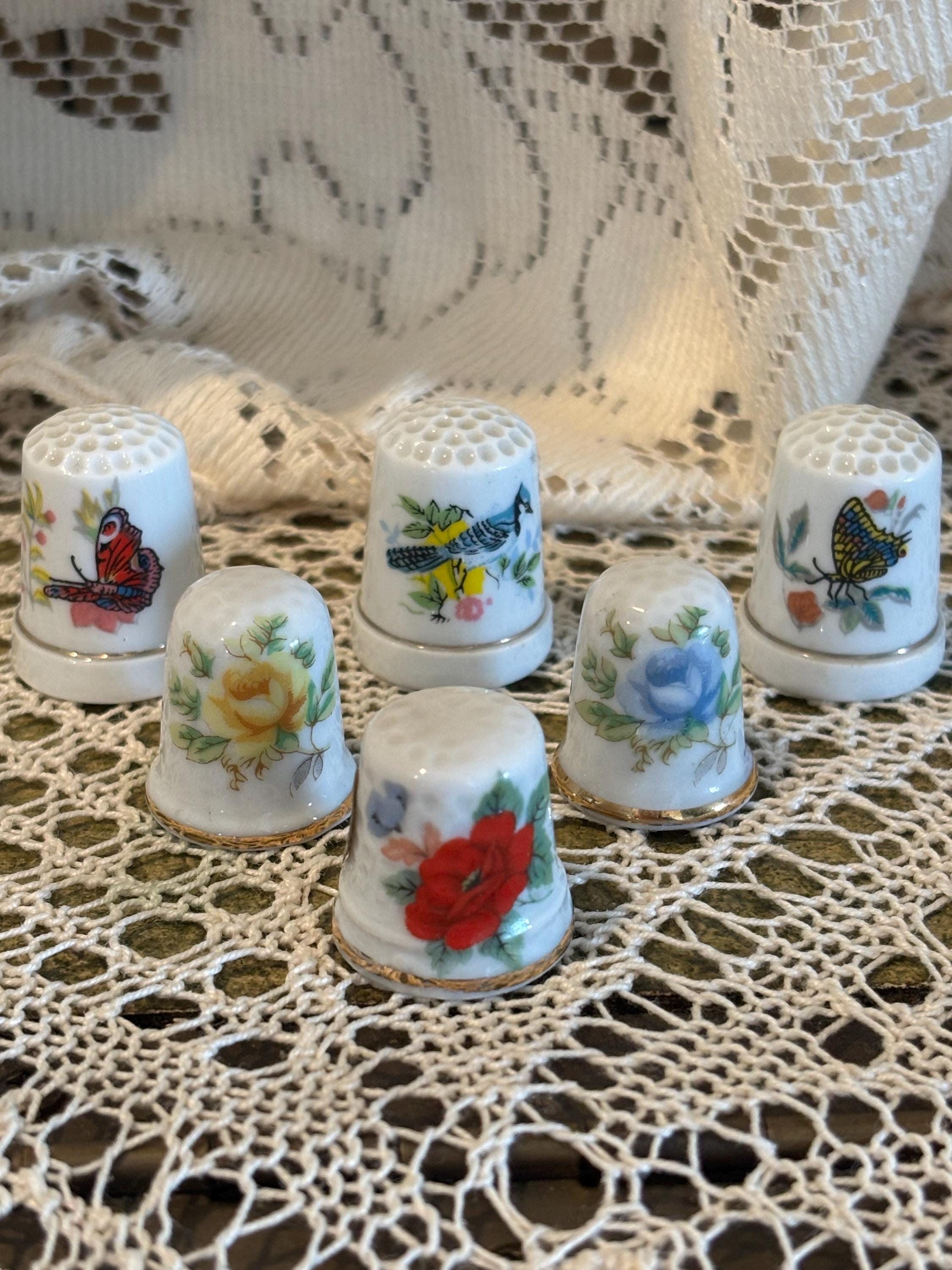 Vintage Set of Assorted Collectible Sewing Thimbles Flowers Birds and ...