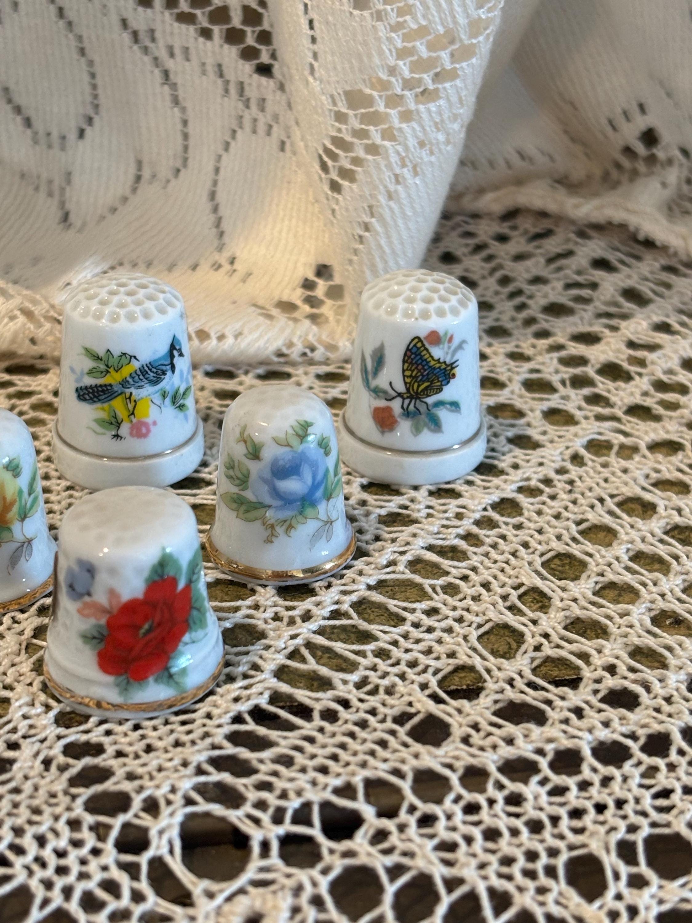 Vintage Set of Assorted Collectible Sewing Thimbles Flowers Birds and ...