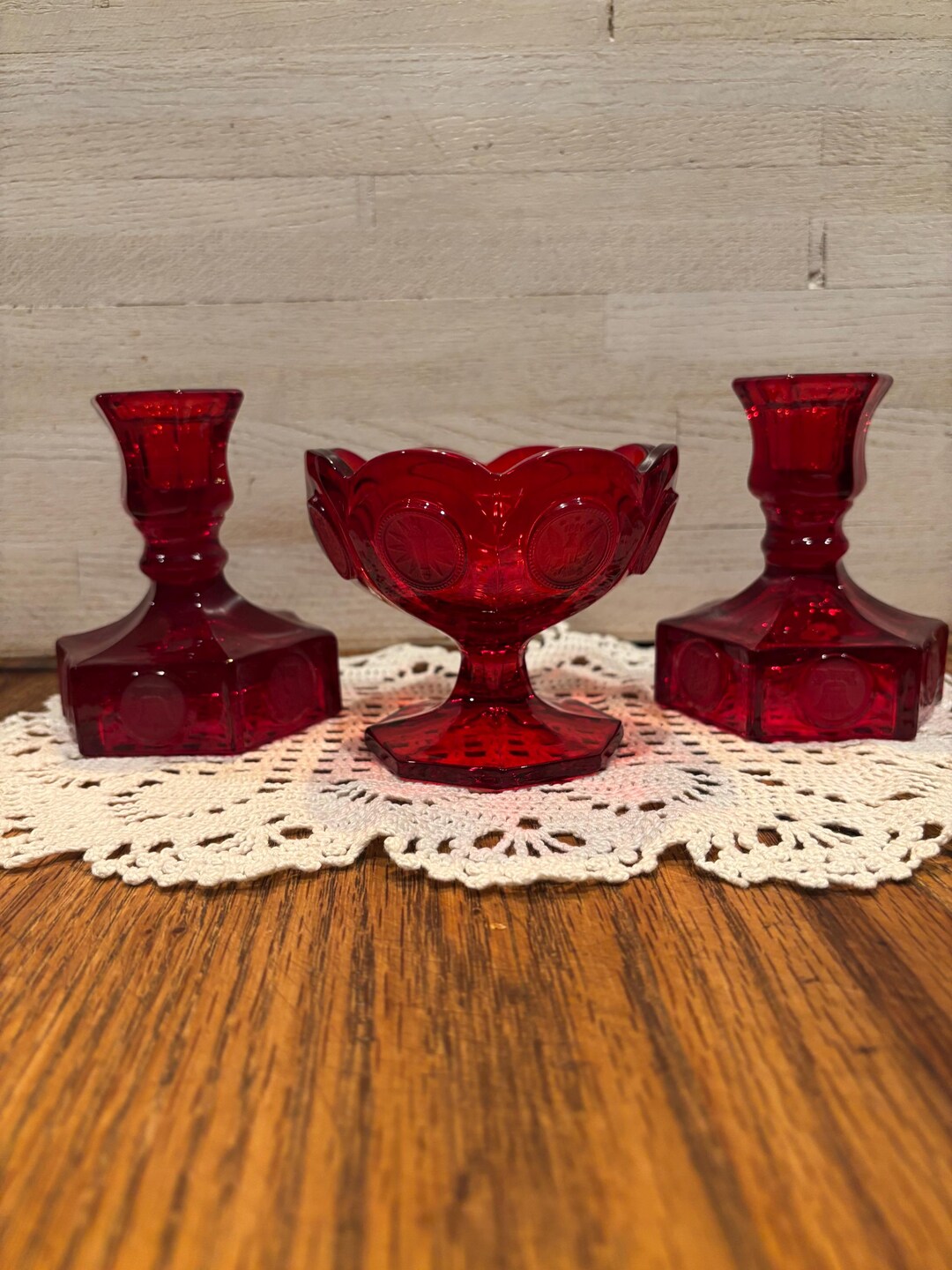 Fostoria Ruby Red Coin Glass- Candy Dish and Candlestick Holders - Etsy