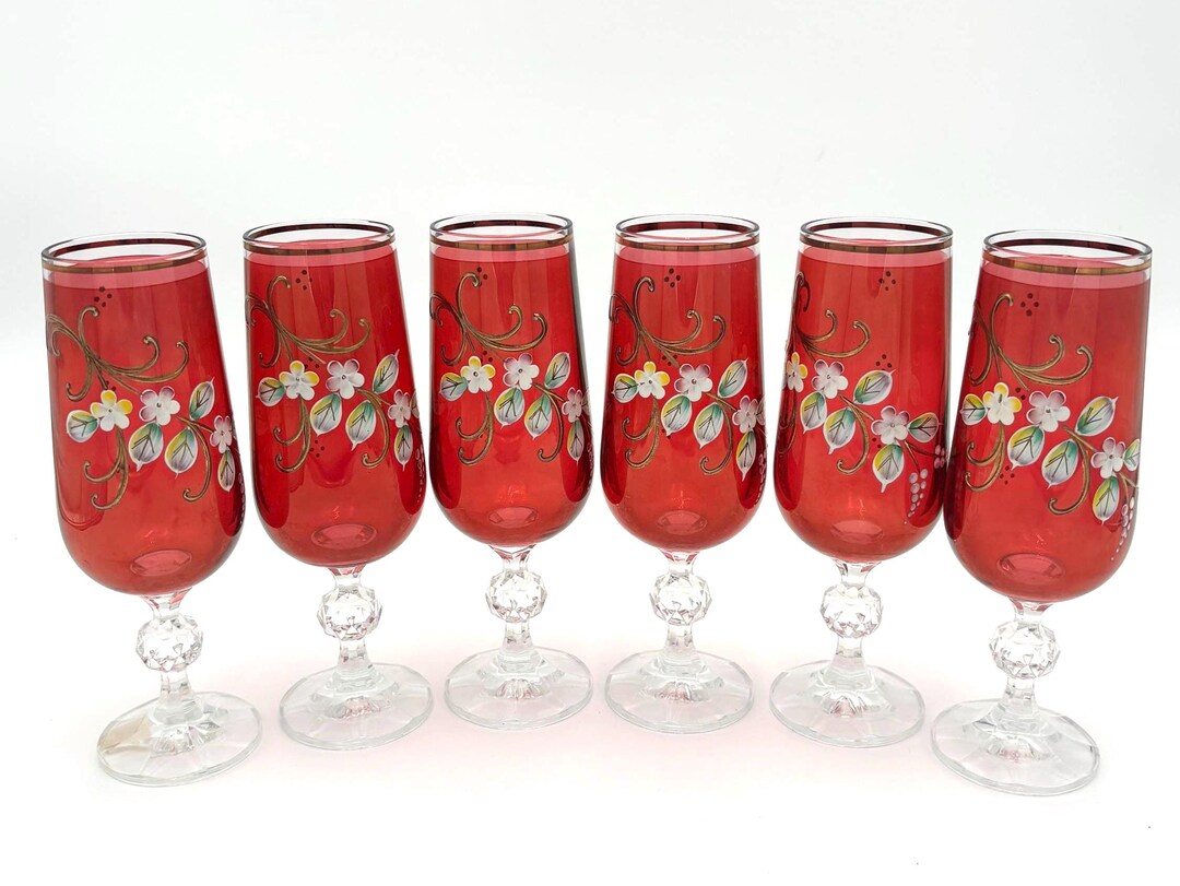 Antique Czech Bohemian Ruby Red Flashed Crystal Glasses With Floral ...