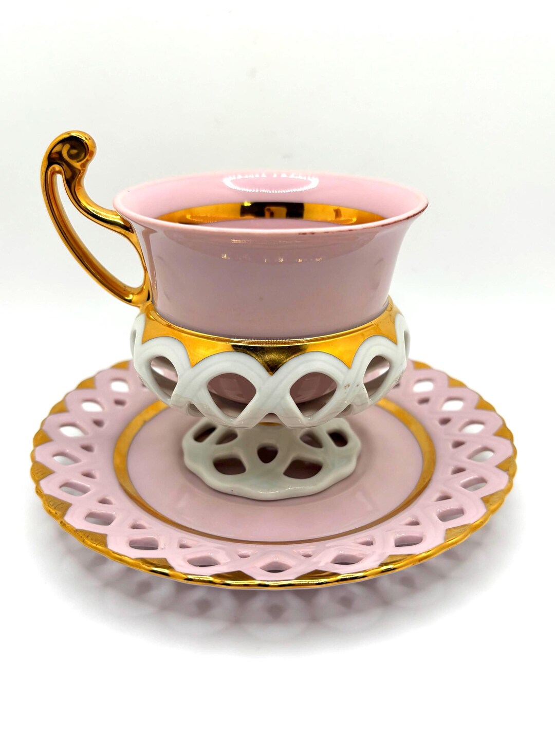 Antique Pink Gold Porcelain Tea Cup and Saucer – Hand Painted Lattice ...