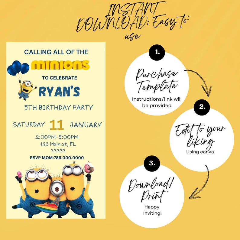 Minion Birthday Invitation, Yellow Minion Invitation, Minion Themed ...