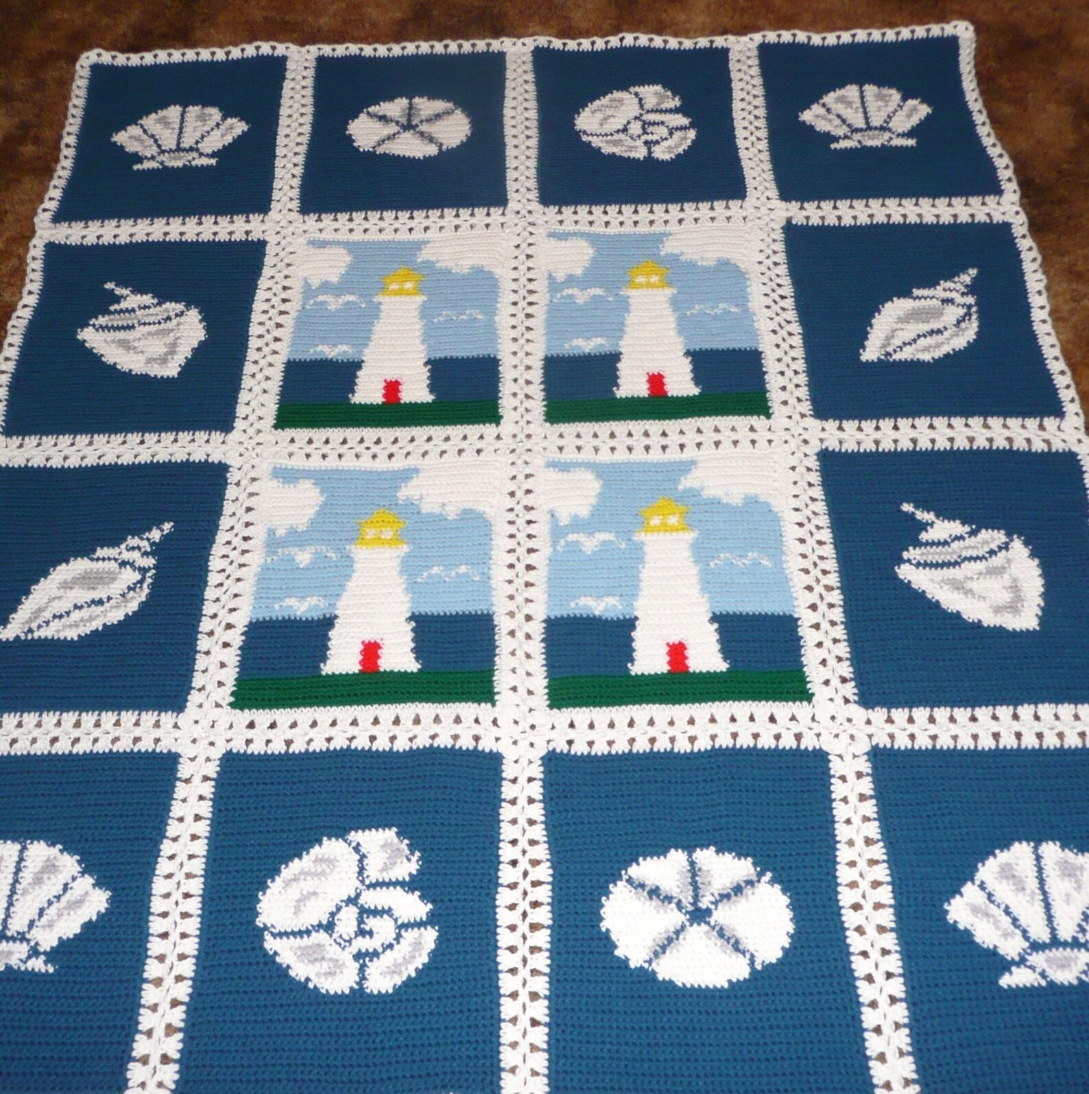 Oceanview Lighthouse With Seashells Crocheted Afghan Throw - Etsy