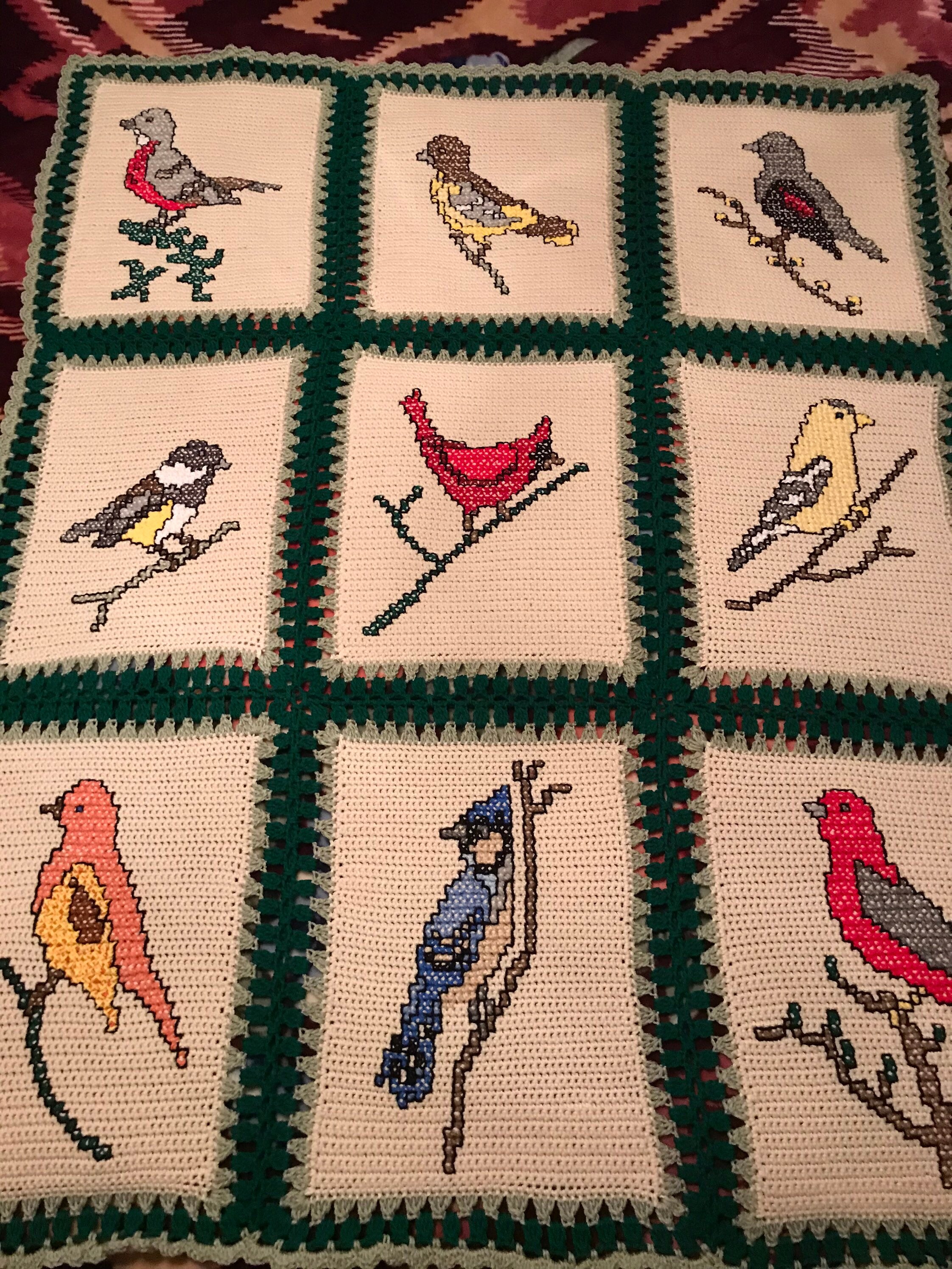 Birds Birds Birds Crochet Afghan Throw Blanket Made With Green Trimming ...